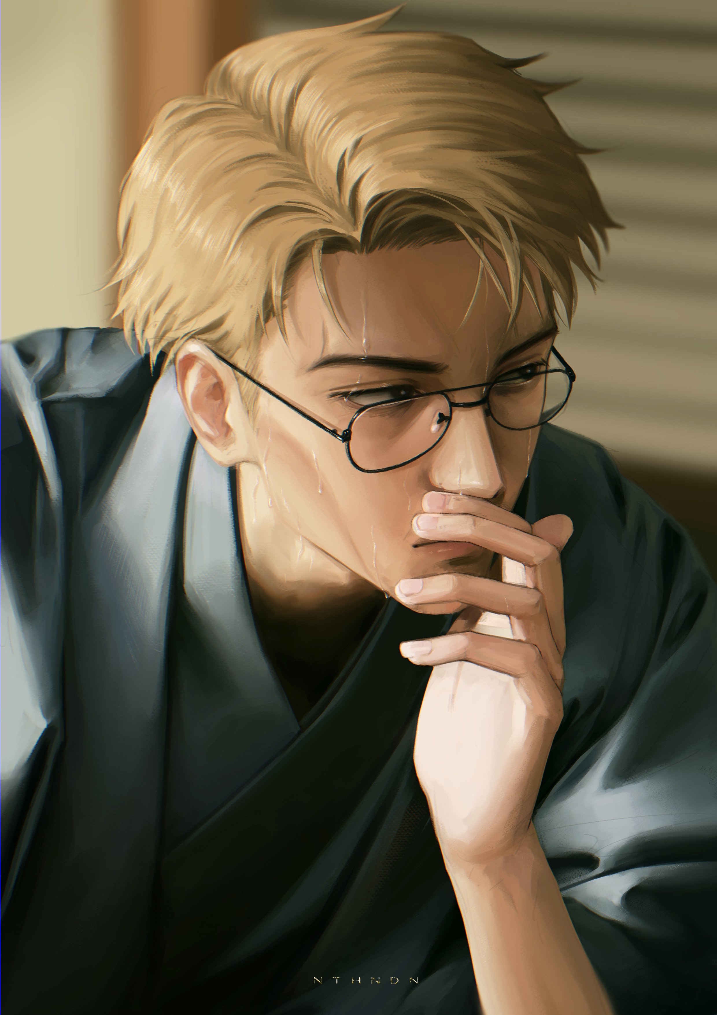 Safebooru - 1boy absurdres blonde hair blue kimono brown eyes glasses ...