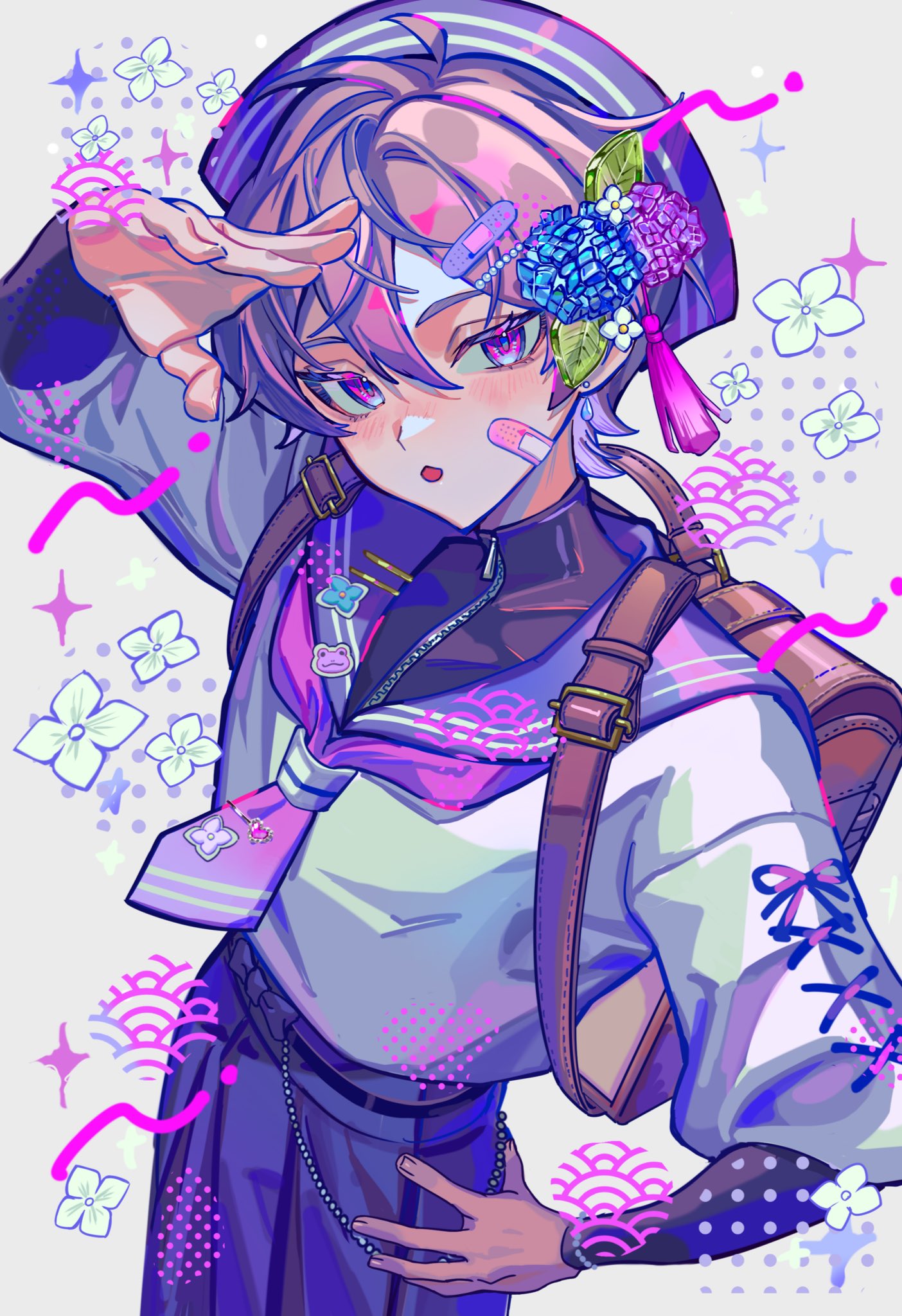 Safebooru - 1boy backpack bag bandaid bandaid on cheek bandaid on face belt black belt blue ...