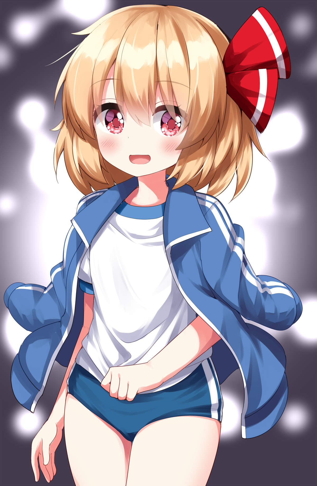Safebooru - 1girl alternate costume black background blonde hair blue buruma blue jacket blurry ...