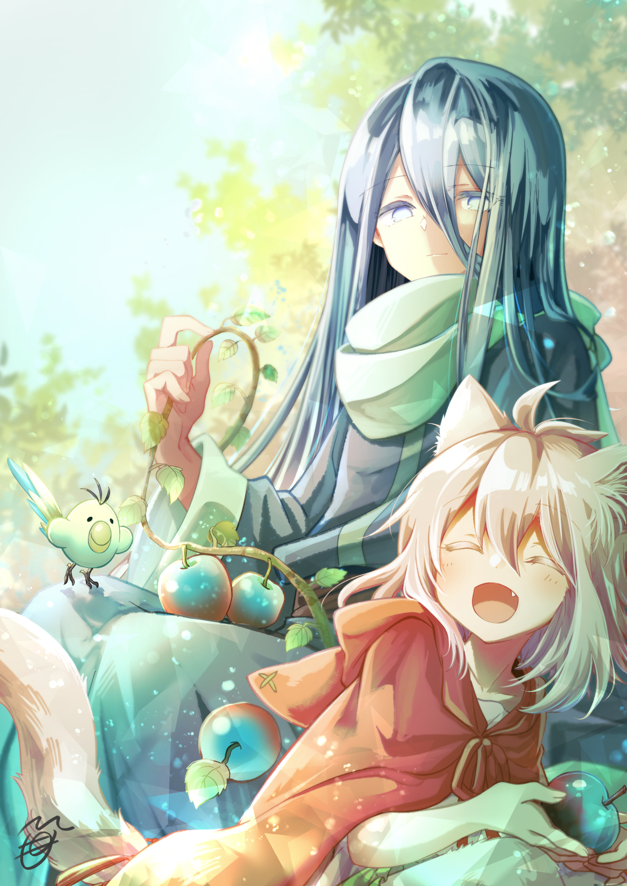 Safebooru - 1boy 1girl :d animal animal ears apple bird blue apple blue ...