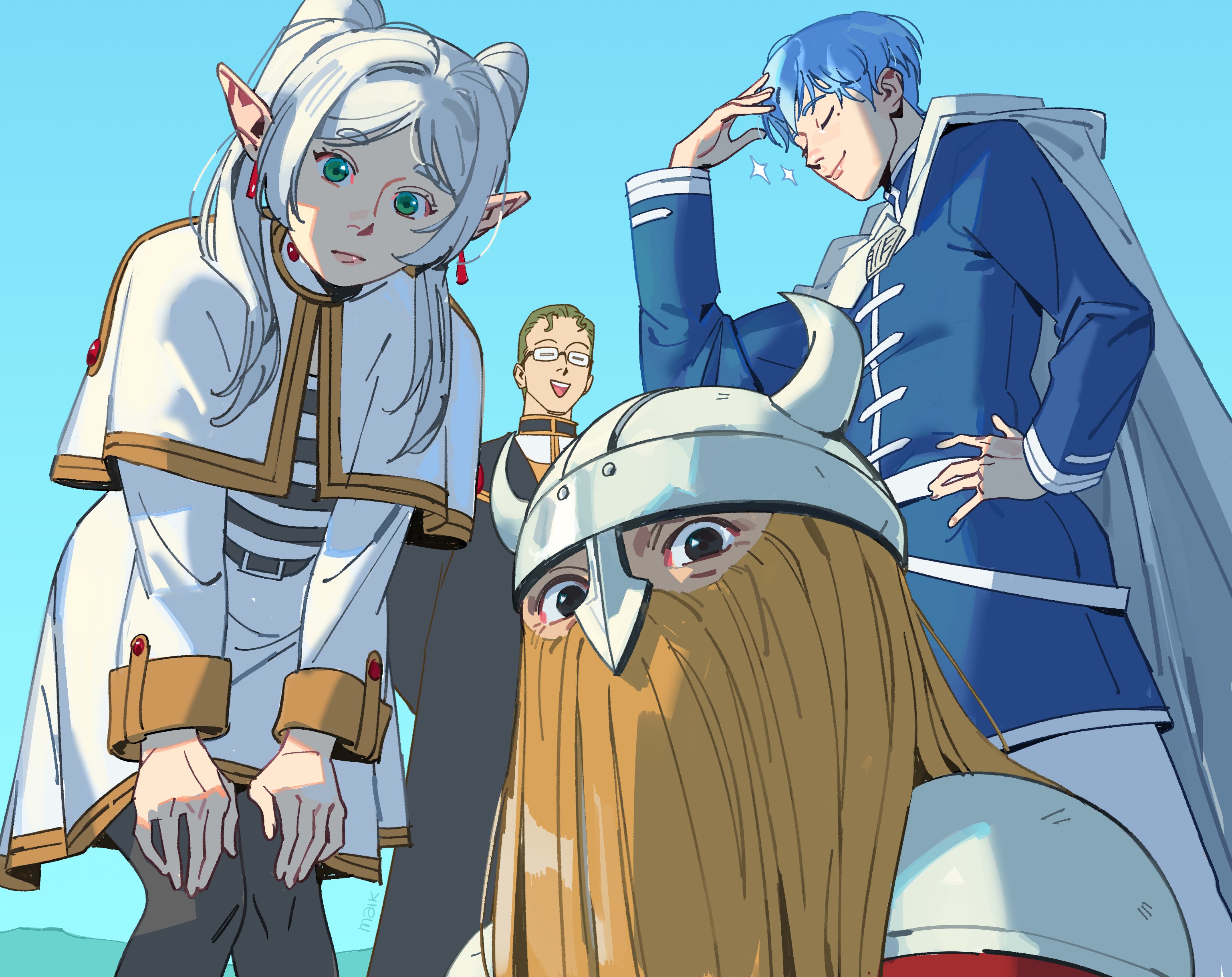 Safebooru - 1girl 3boys absurdres artist request beard belt black belt blue tunic capelet dangle ...