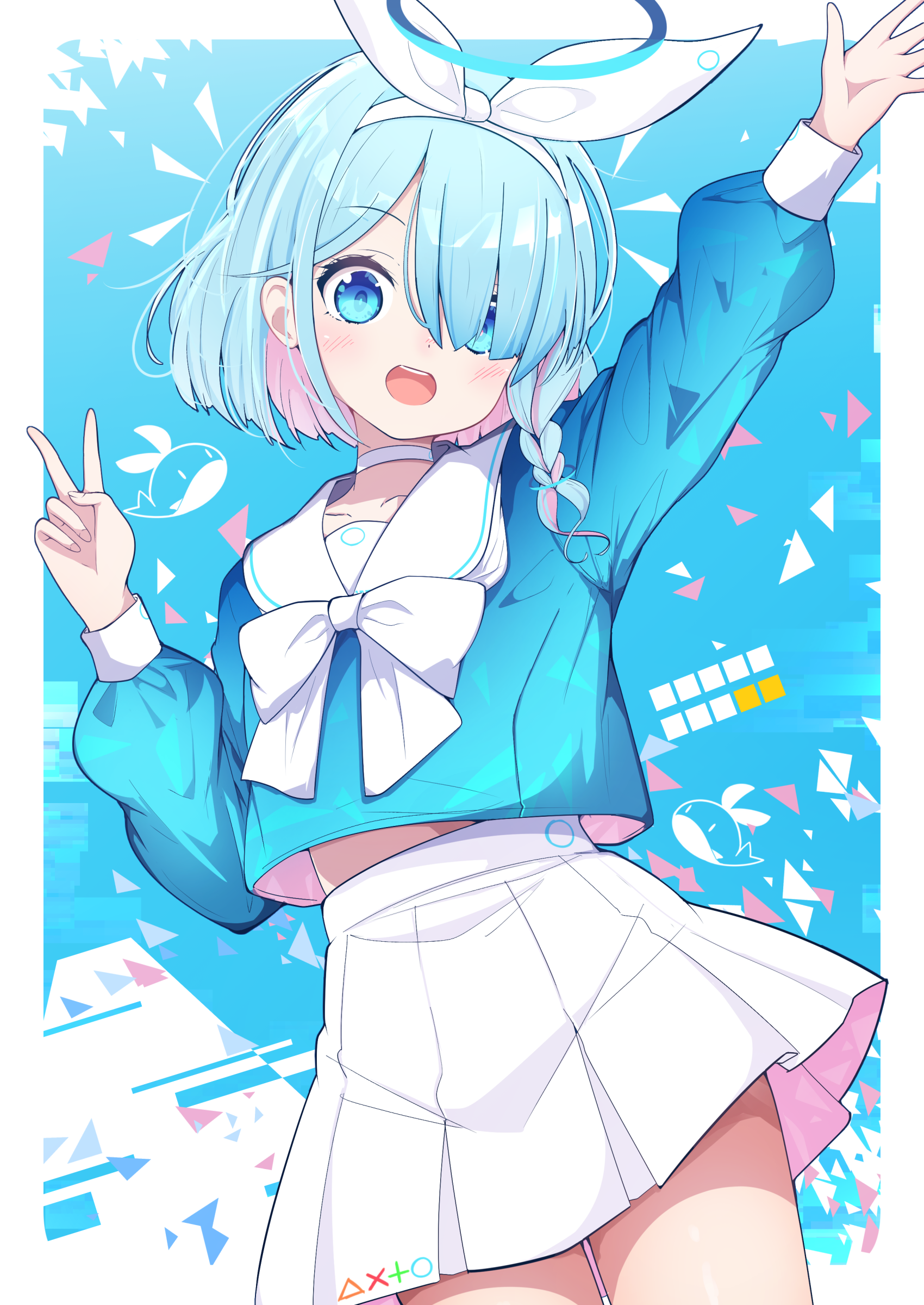 Safebooru - 1girl absurdres arm up arona (blue archive) blue archive blue eyes blue hair blue ...