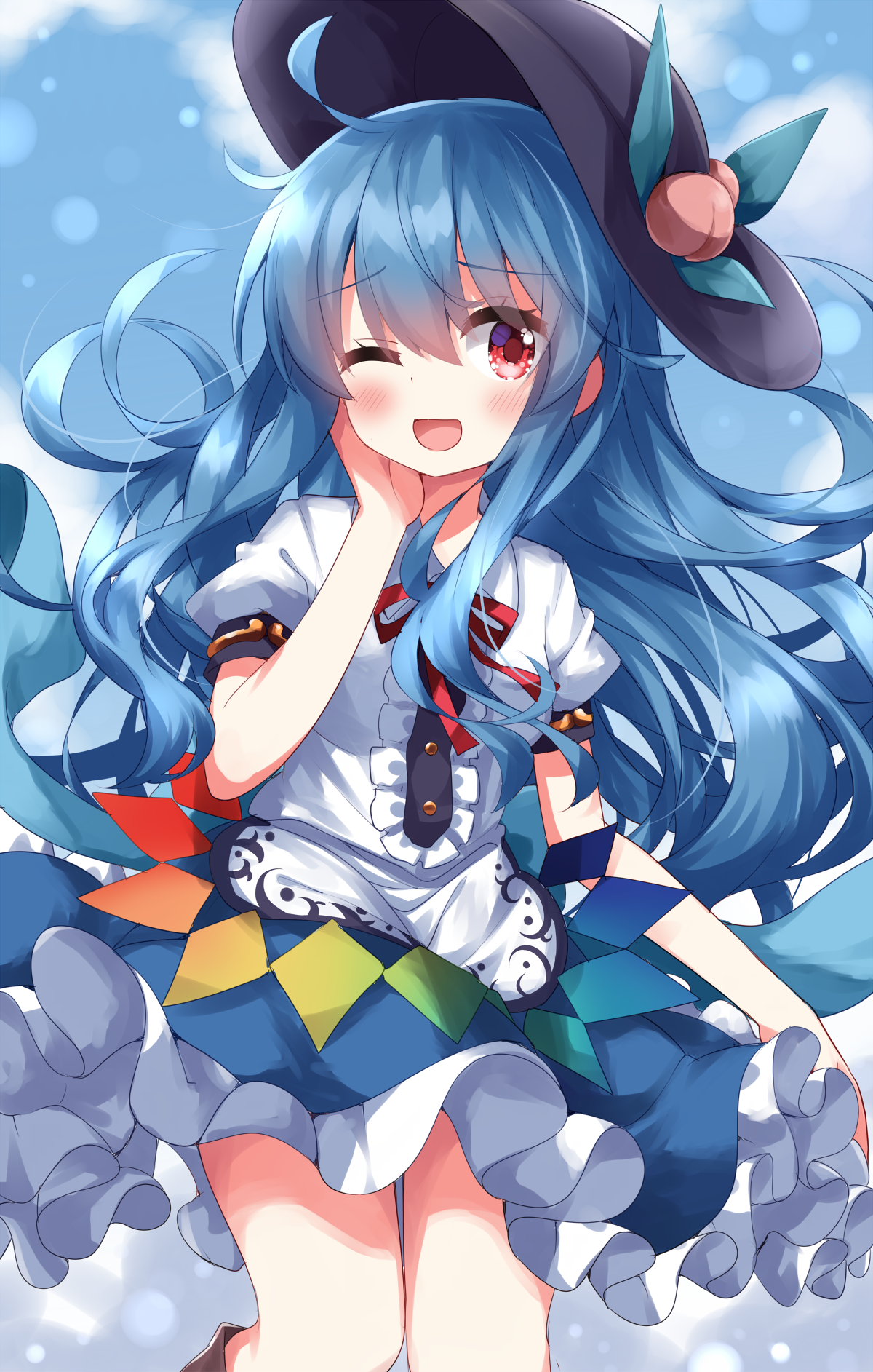 Safebooru - 1girl ;d black headwear blue background blue hair blue skirt center frills ...