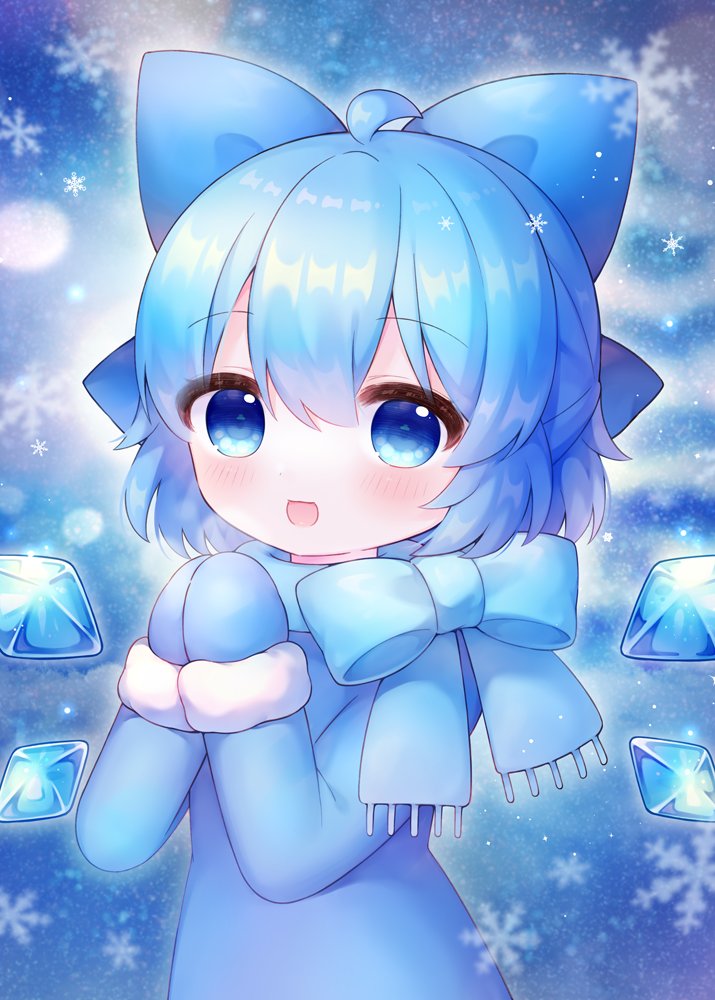 Safebooru - 1girl blue bow blue dress blue eyes blue hair blue mittens blue scarf blush bow ...