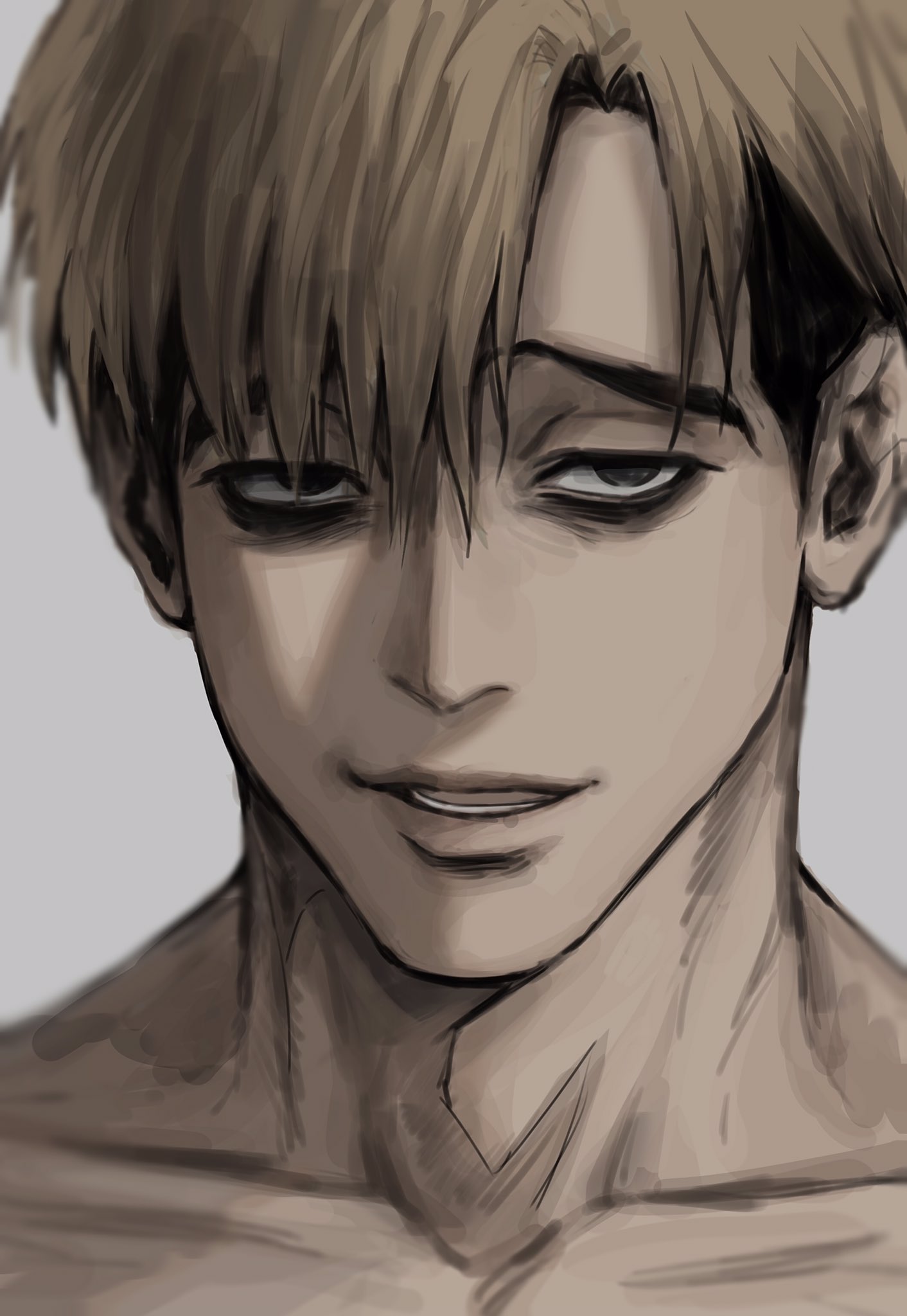 Safebooru - 1boy black eyes blonde hair collarbone commentary eyeshadow grey background highres ...