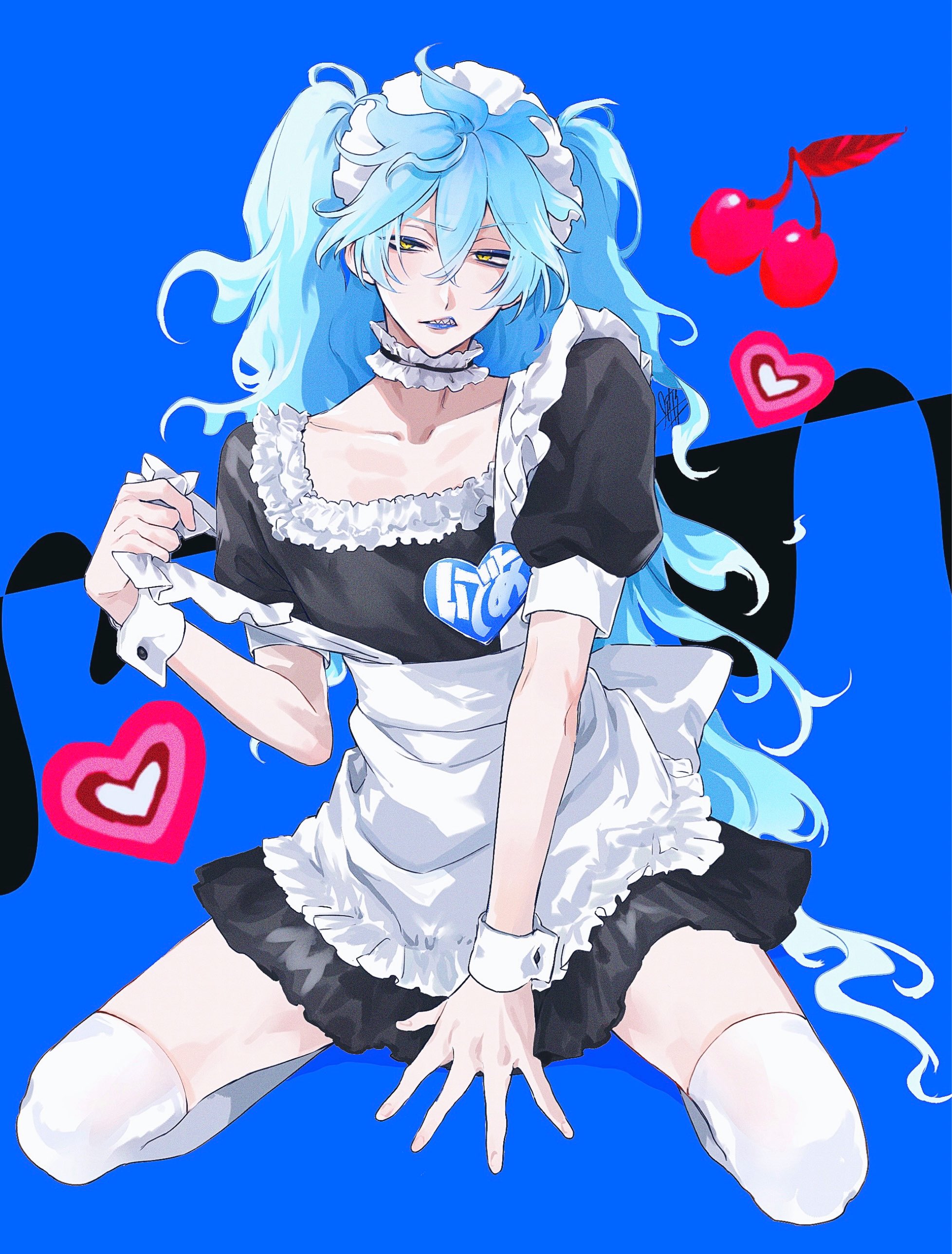 Safebooru - 1boy absurdres alternate costume apron black choker black dress blue background blue ...