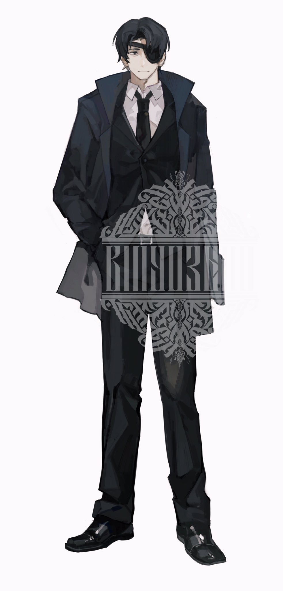 Safebooru - 1boy adapted costume bingbuliguozi black coat black footwear black hair black jacket ...