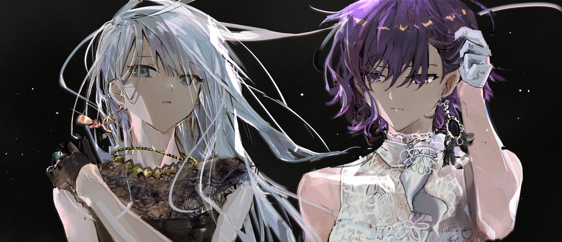 Safebooru - 2girls asahina mafuyu black background black gloves blue eyes choker dress earrings ...