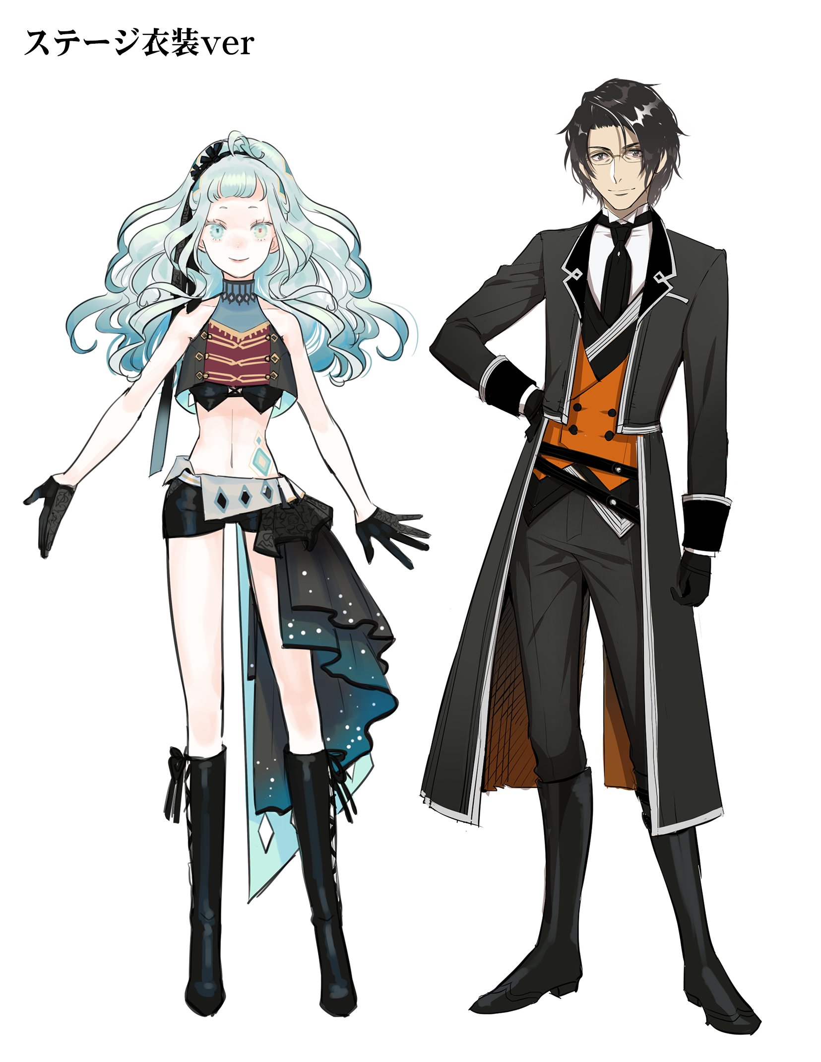 Safebooru - 1boy 1girl ahoge aqua eyes aqua hair black eyes black gloves black hair black pants ...