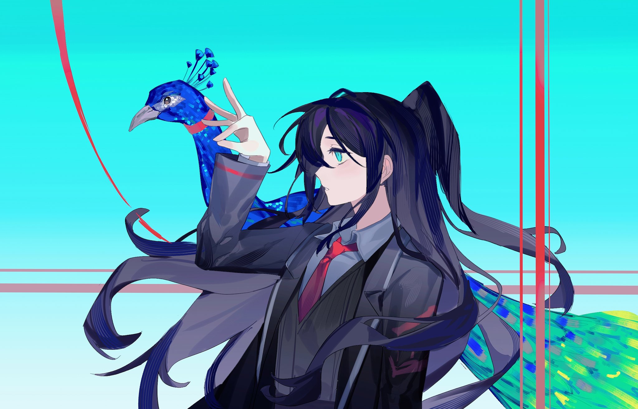 Safebooru 1boy Aqua Background Aqua Eyes Bird Black Coat Black Vest 8458