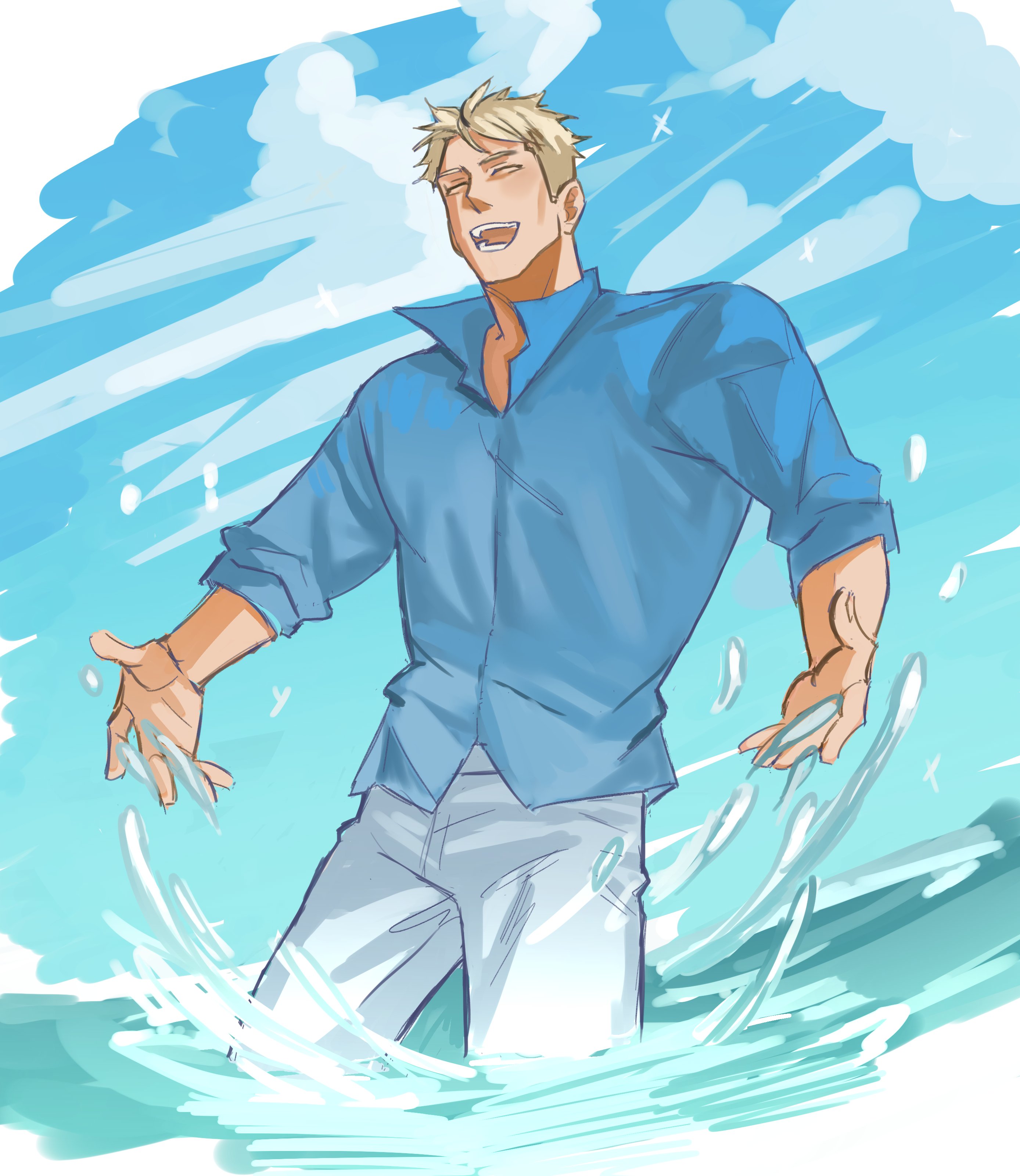 Safebooru - 1boy absurdres blonde hair blue shirt blue sky closed eyes clouds coffetia collared ...