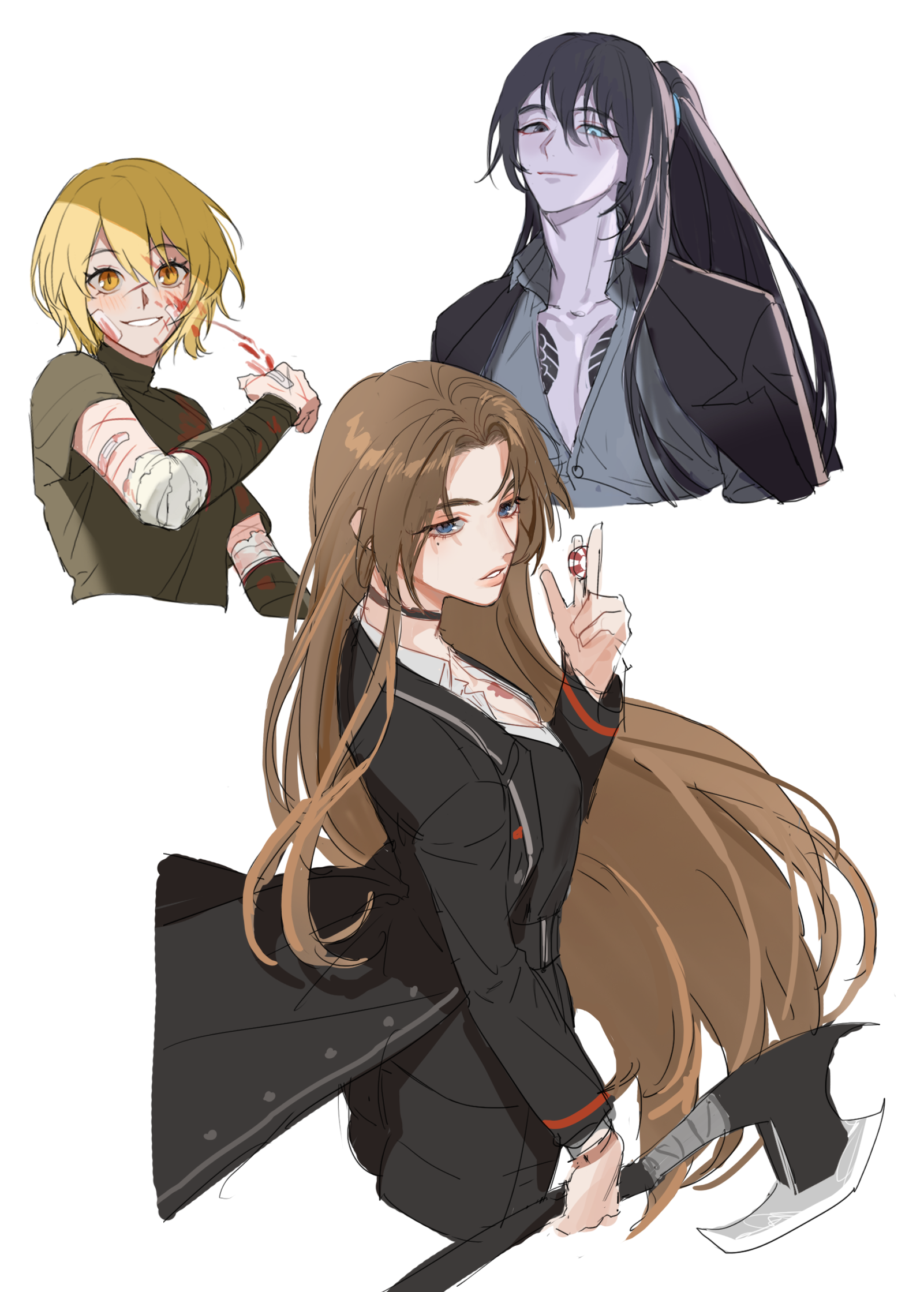 Safebooru - 1boy 2girls aqua eyes axe black choker black coat black eyes black hair black pants ...