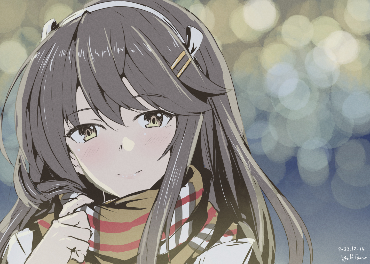 Safebooru - 1girl artist name black hair blurry blurry background blush brown eyes brown scarf ...