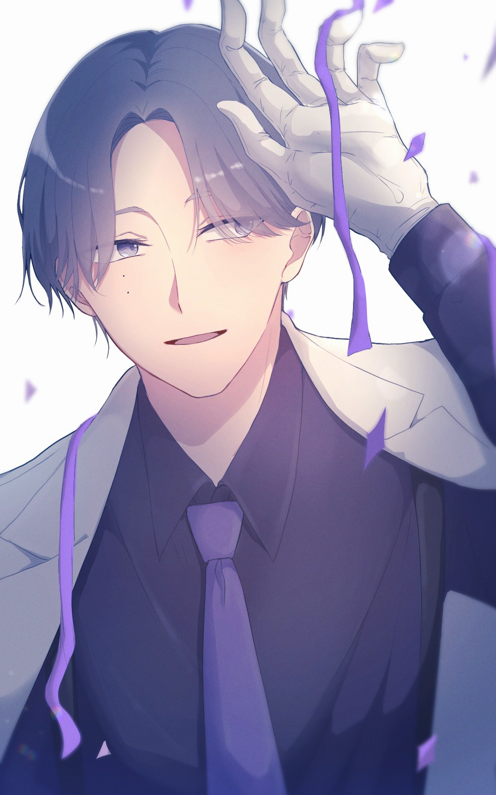 Safebooru - 1boy 4tsu8 black shirt collared shirt facing viewer gloves grey background grey ...