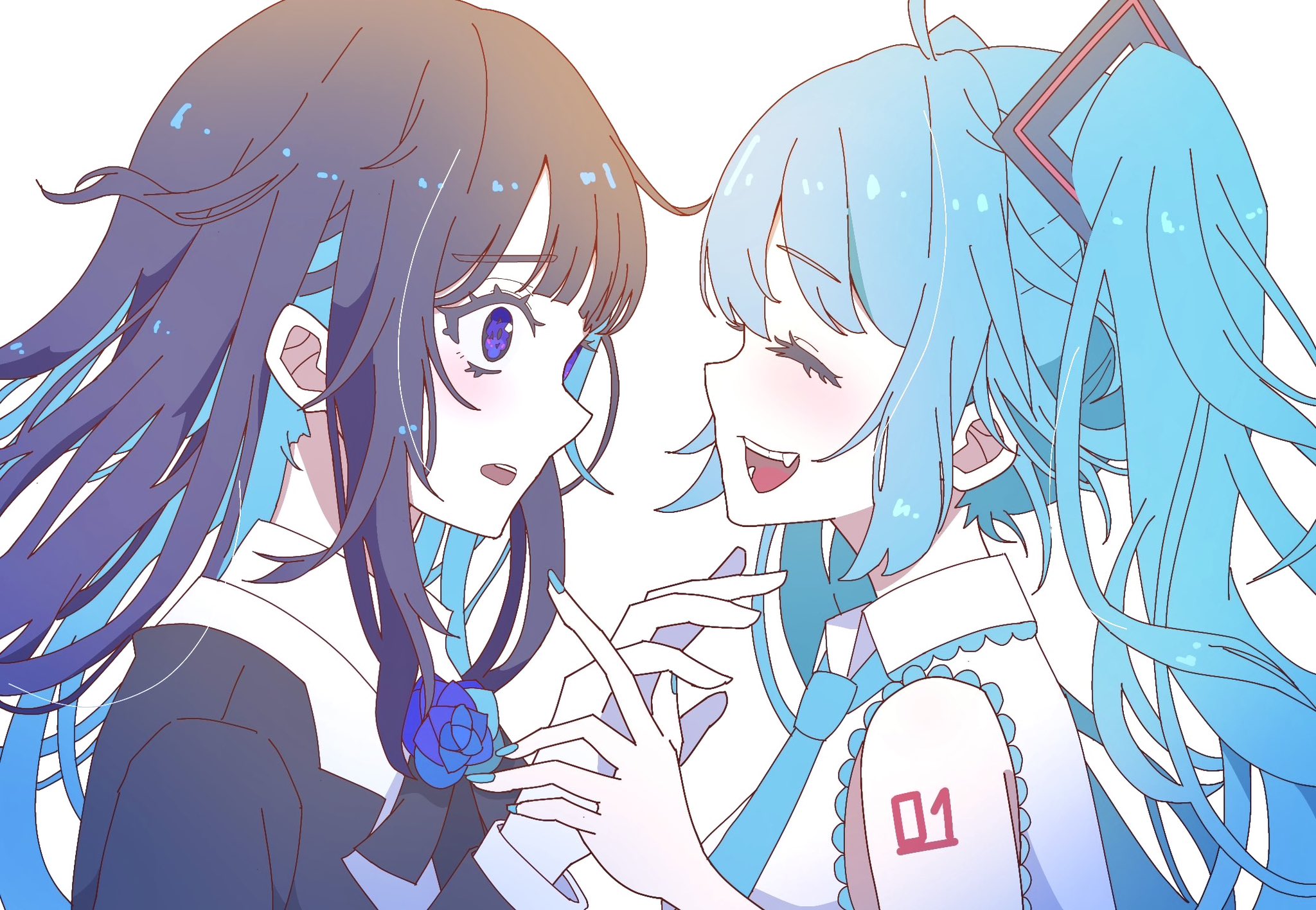 Safebooru - 2girls ado (utaite) aqua hair aqua necktie arm tattoo black bow black bowtie black ...