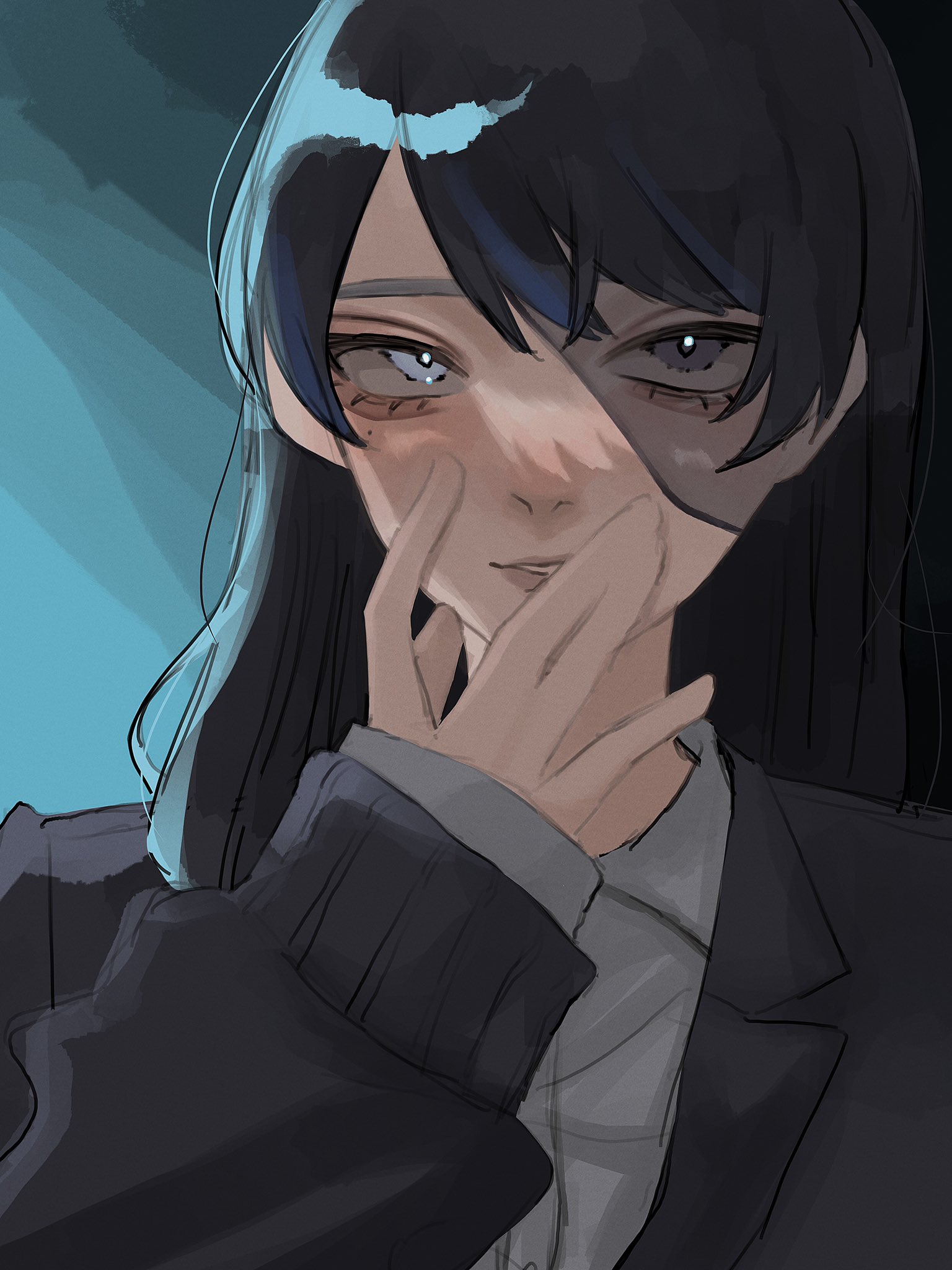 Safebooru - 1girl ado (utaite) black hair black jacket blue background ...