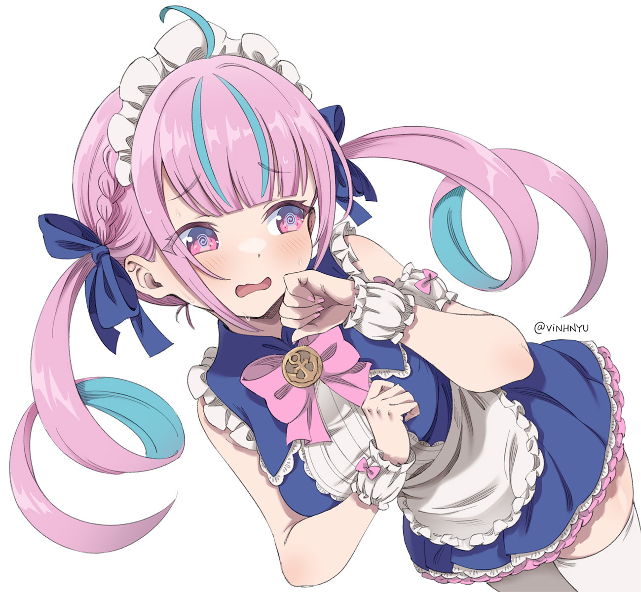 Safebooru - 1girl @ @ ahoge apron blue bow blue dress blue hair blue ribbon blush bow braid ...