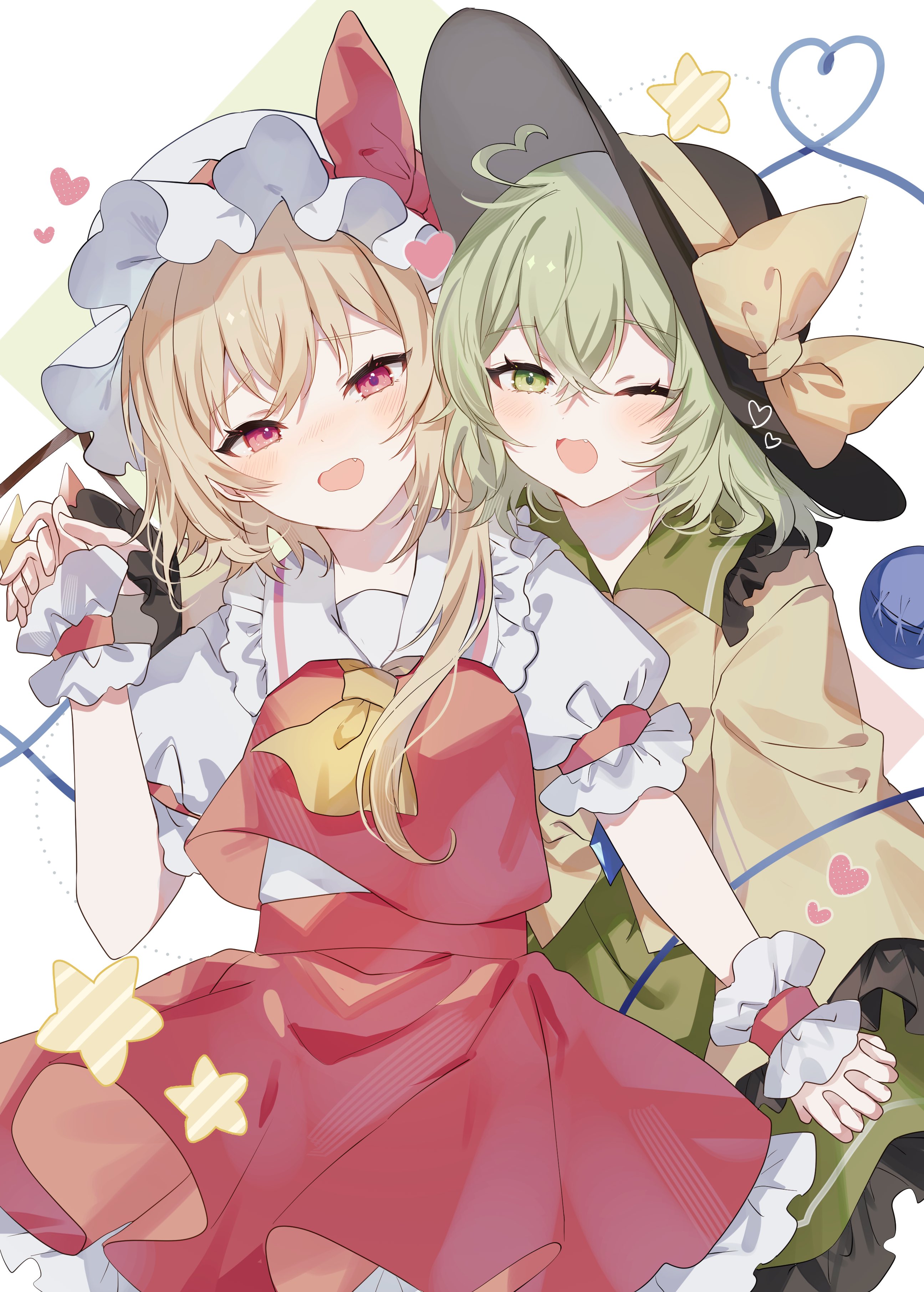 Safebooru - 2girls absurdres ascot blonde hair bow flandre scarlet green eyes green hair hat hat ...