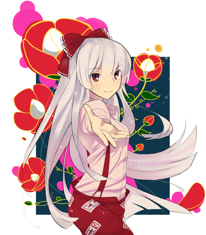 Safebooru - flower fujiwara no mokou hair ribbon outstretched arm ...