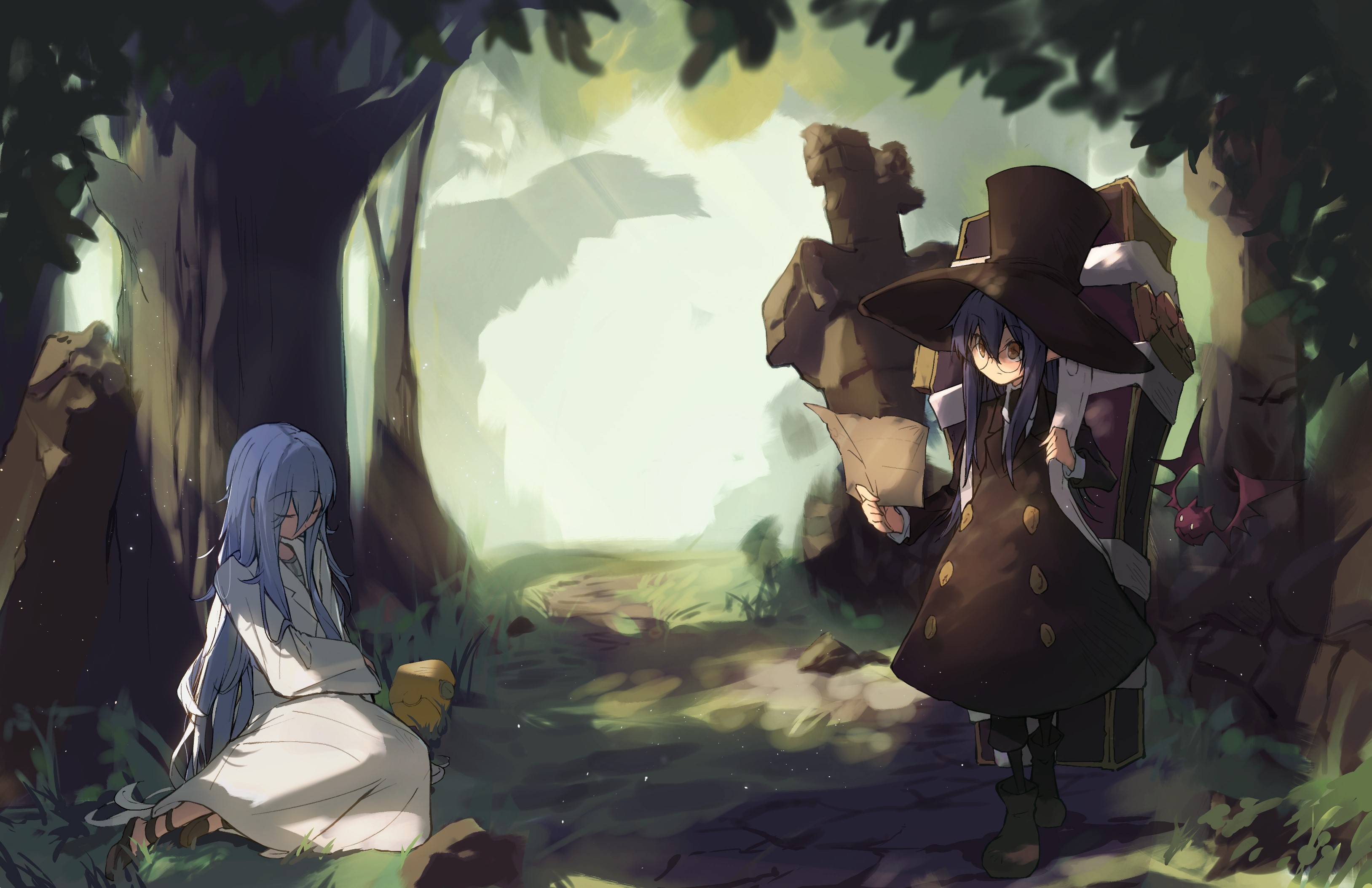 Safebooru - 2girls absurdres against tree bat (animal) black coat black ...