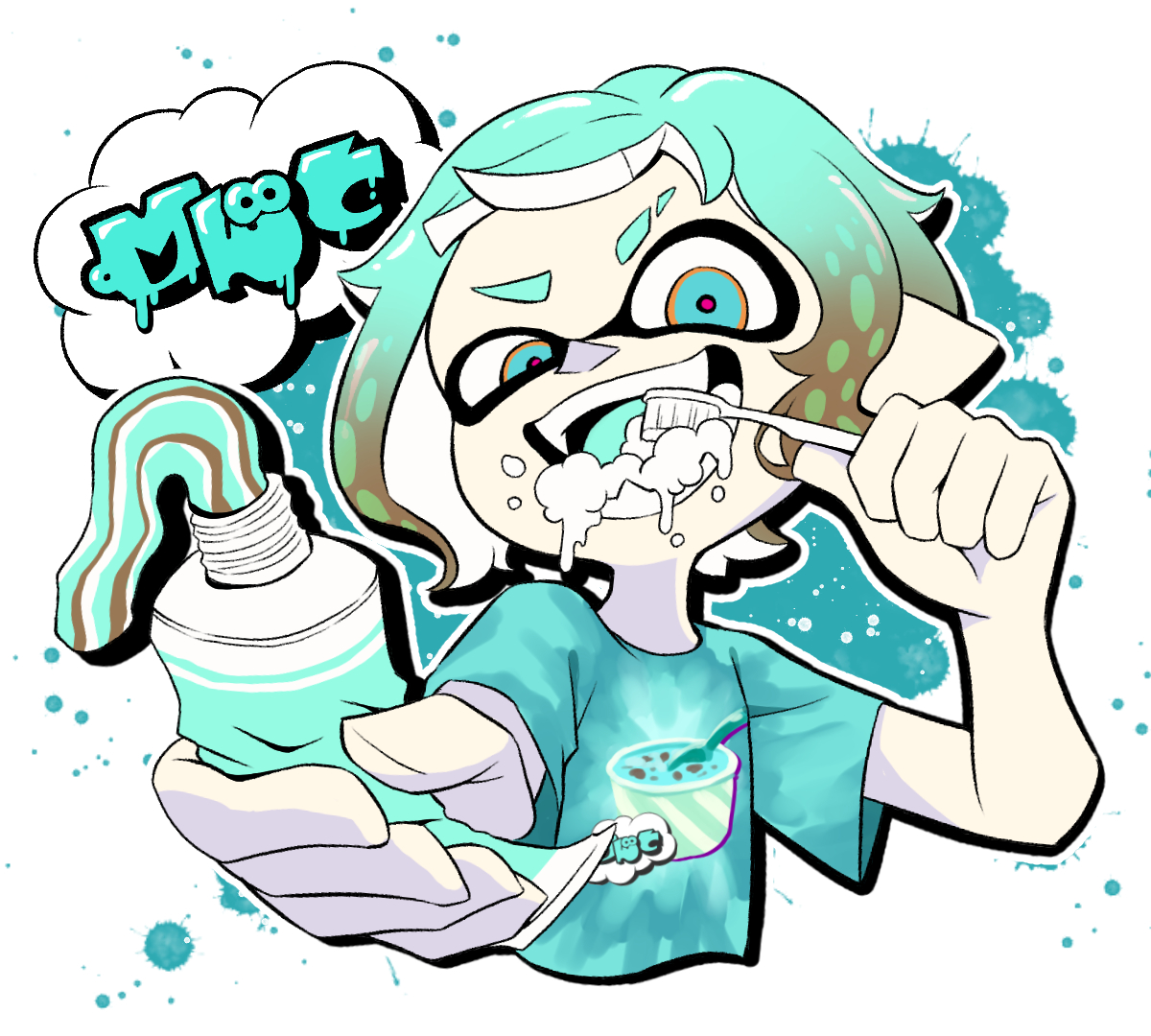 Safebooru - 1girl :d aqua hair aqua tongue blue eyes blue shirt brown ...