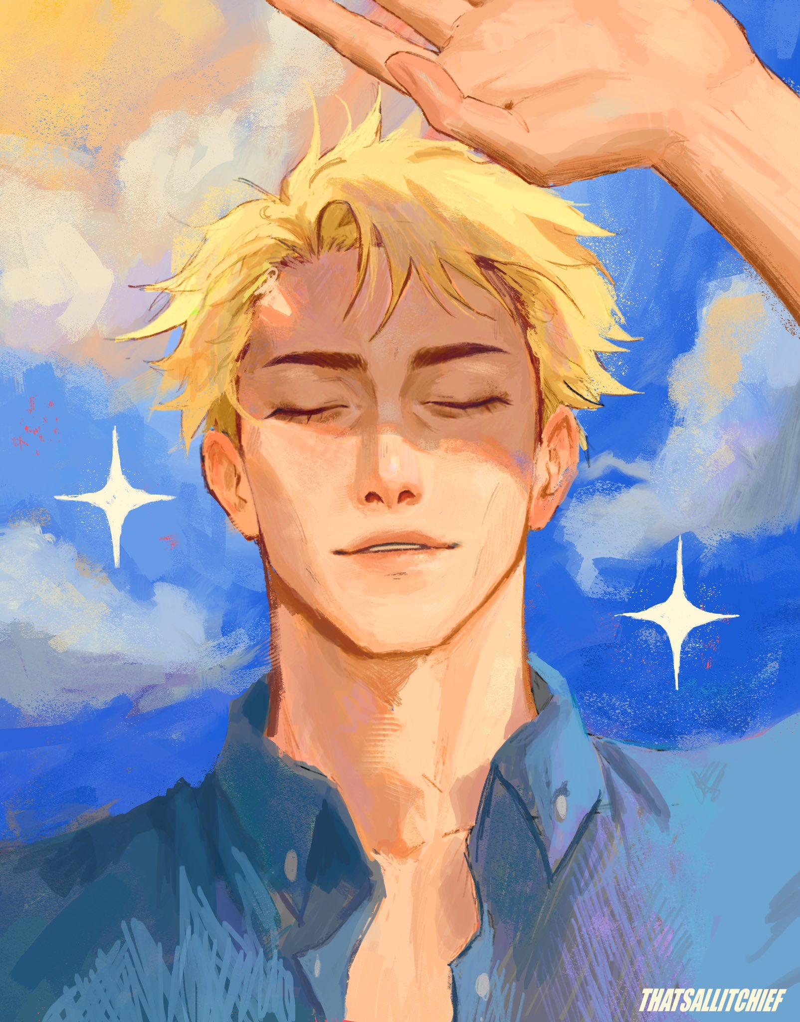 Safebooru - 1boy blonde hair blue shirt blue sky closed eyes clouds cloudy sky collared shirt ...