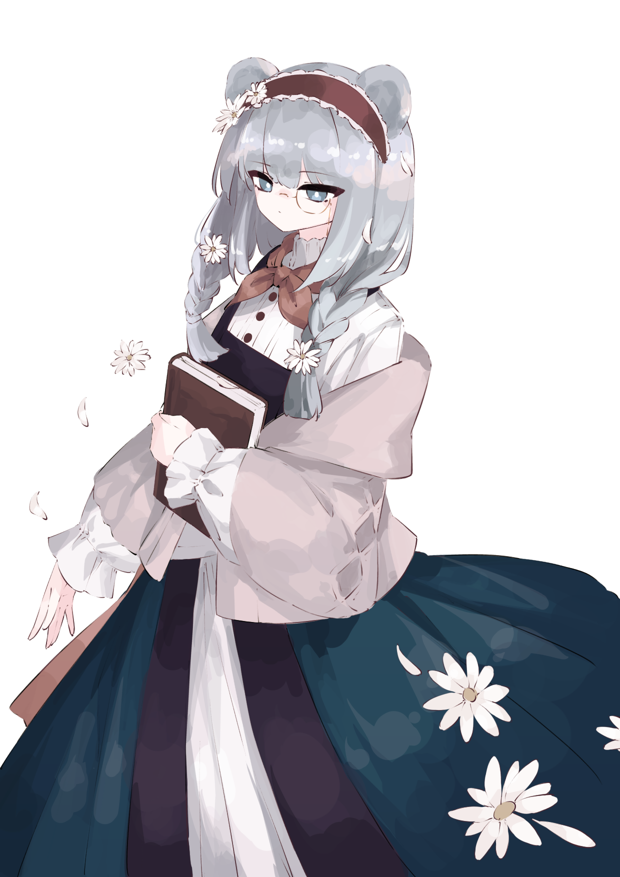 Safebooru - 1girl arknights black dress blue eyes blue hair book braid bright pupils cardigan ...