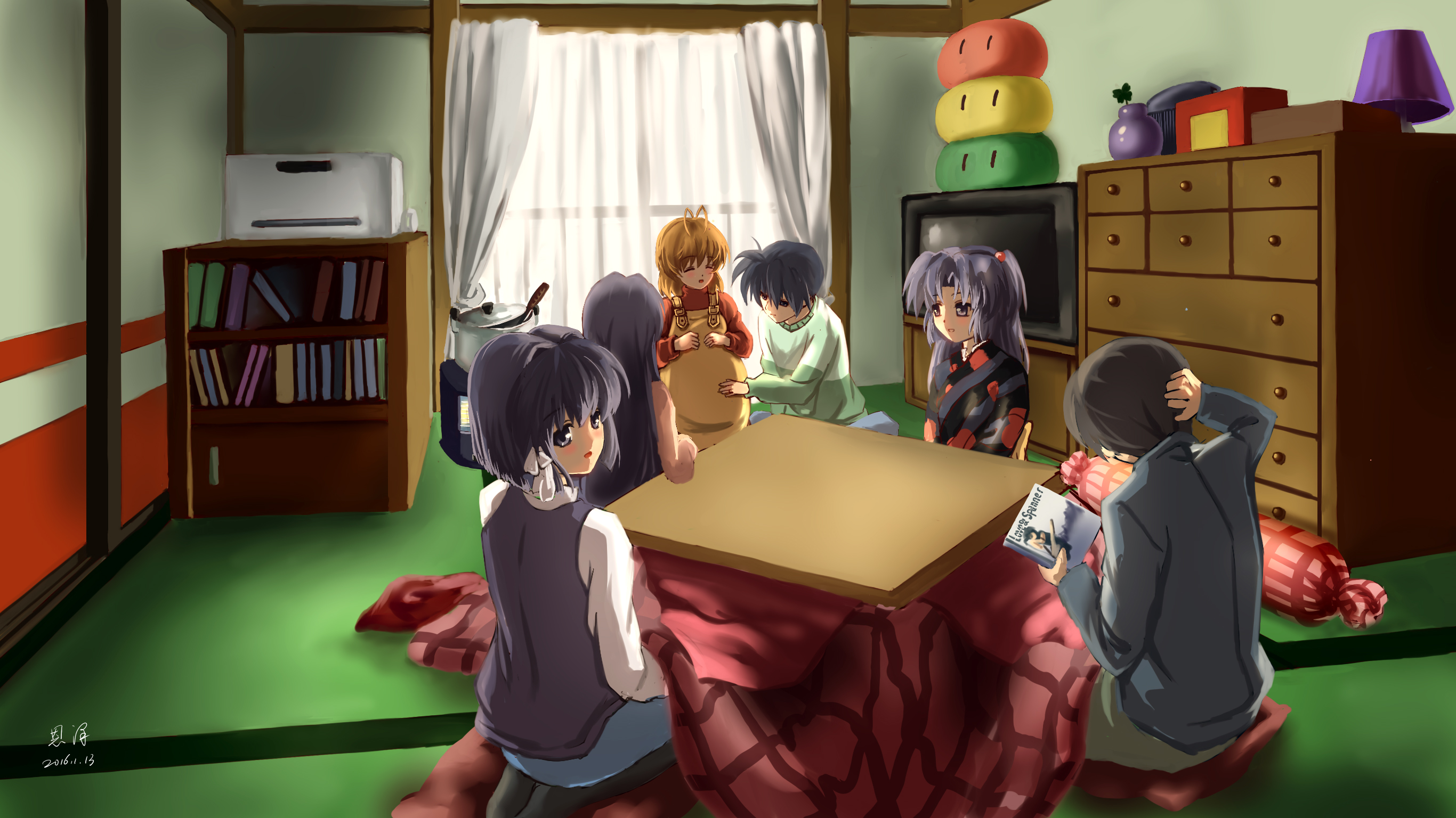 Safebooru - 2boys 4girls ^ ^ antenna hair black hair blue hair blush ...