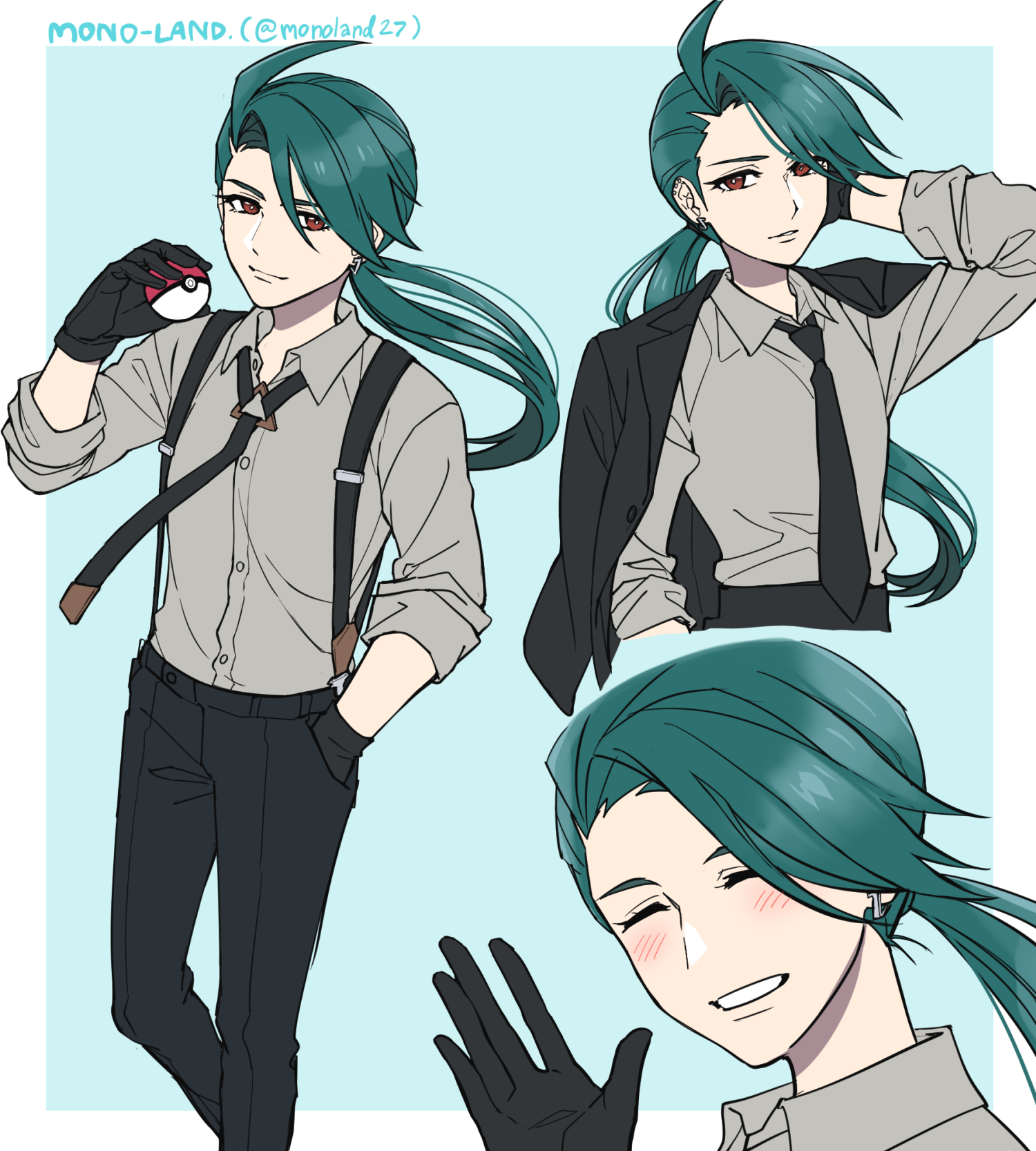 Safebooru - 1girl aqua background black gloves black jacket black necktie black pants blush ...