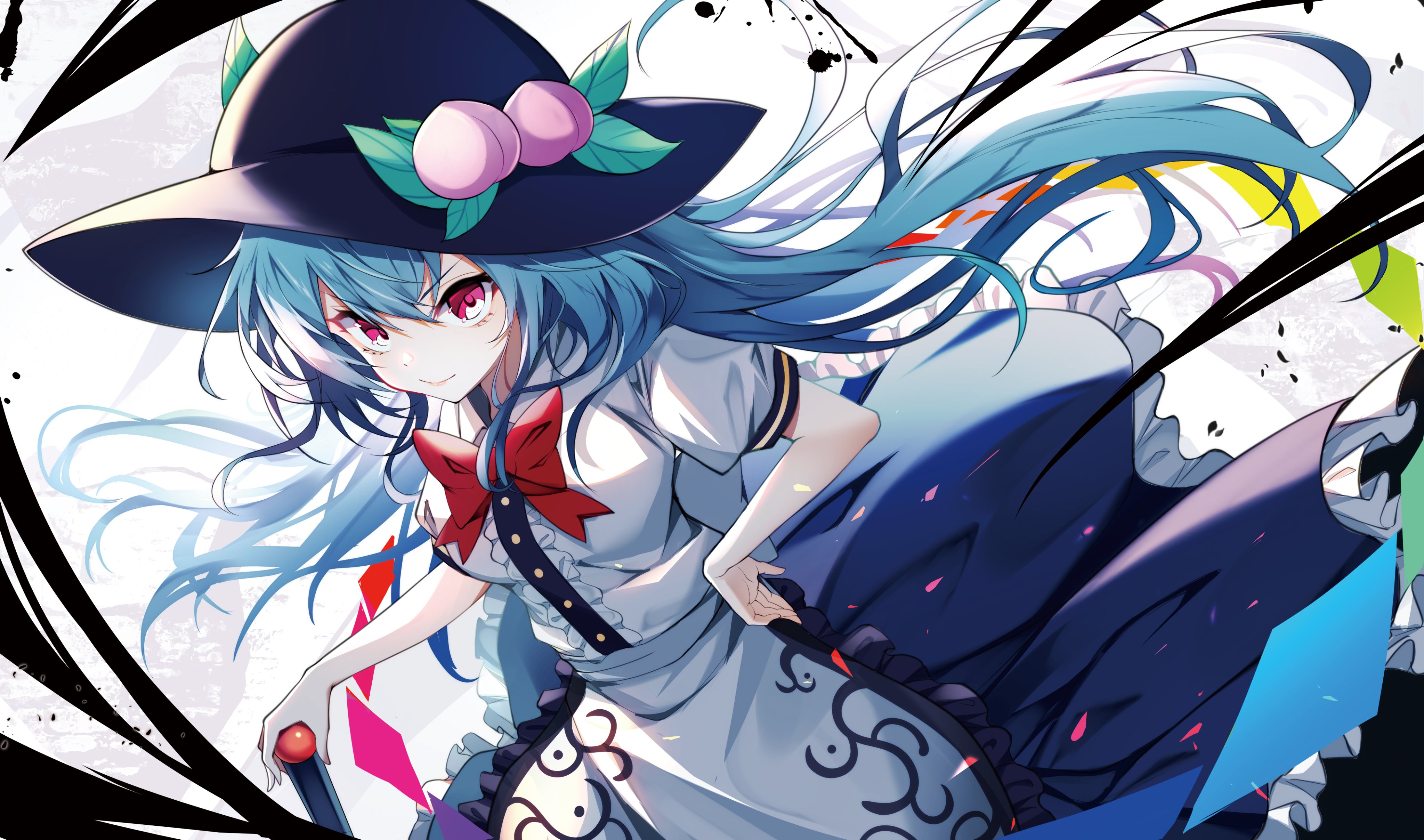 Safebooru - 1girl absurdres apron black headwear blue hair blue skirt blurry bow center frills ...