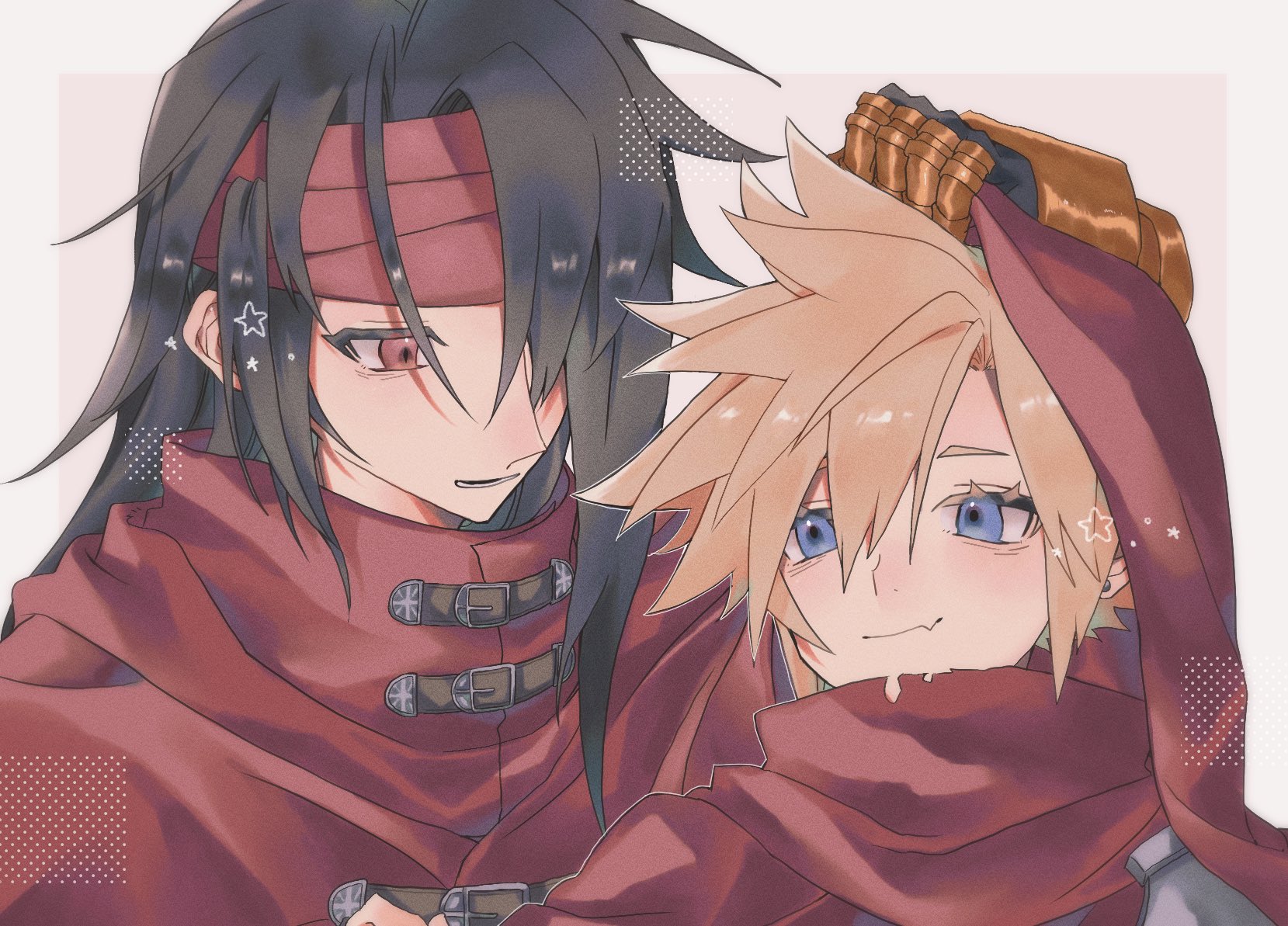 Safebooru - 2boys armor black hair blonde hair blue eyes cape cloud strife earrings eyelashes ...