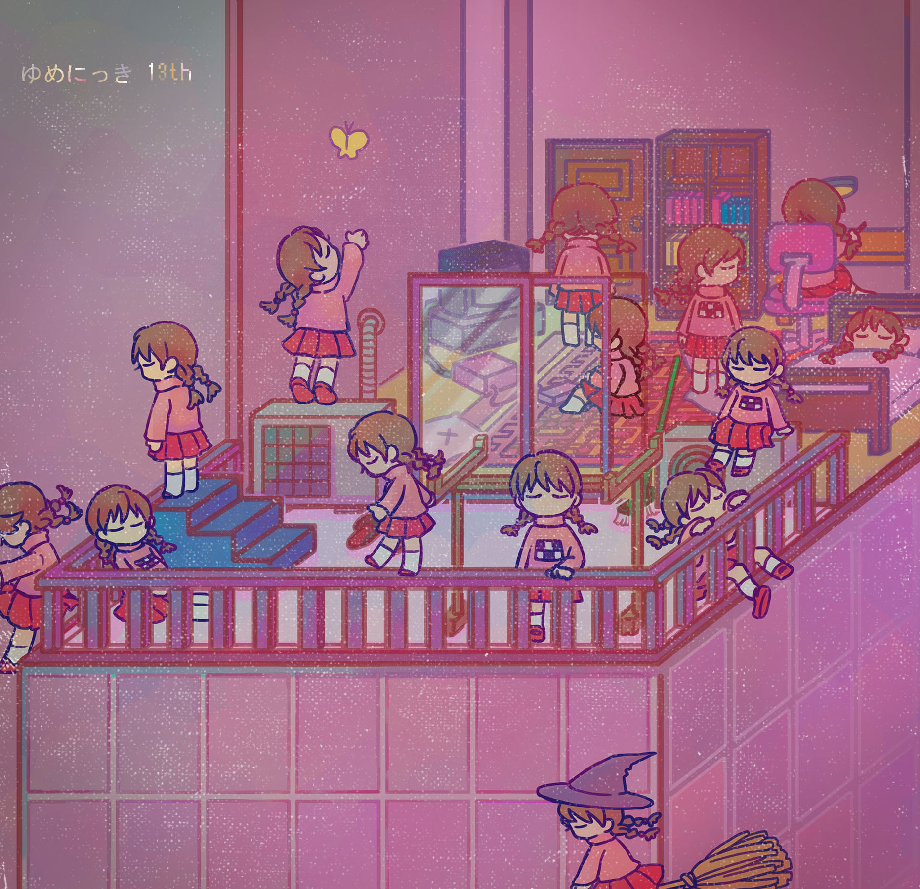 Safebooru - 6+girls anniversary balancing bookshelf braid broom broom ...