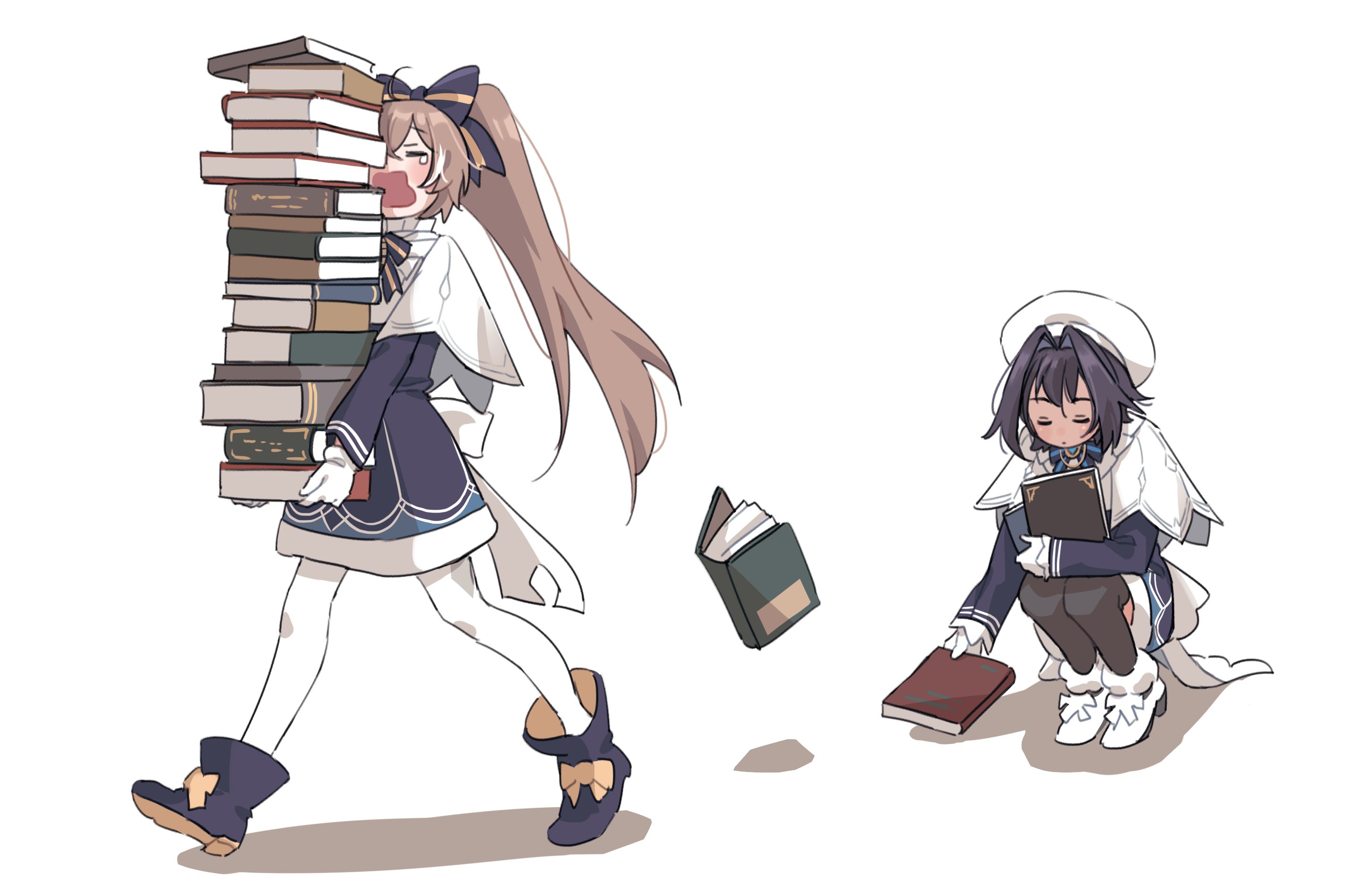 Safebooru - 2girls ahoge ankle boots beret black pantyhose blue dress blue hair blue ribbon book ...