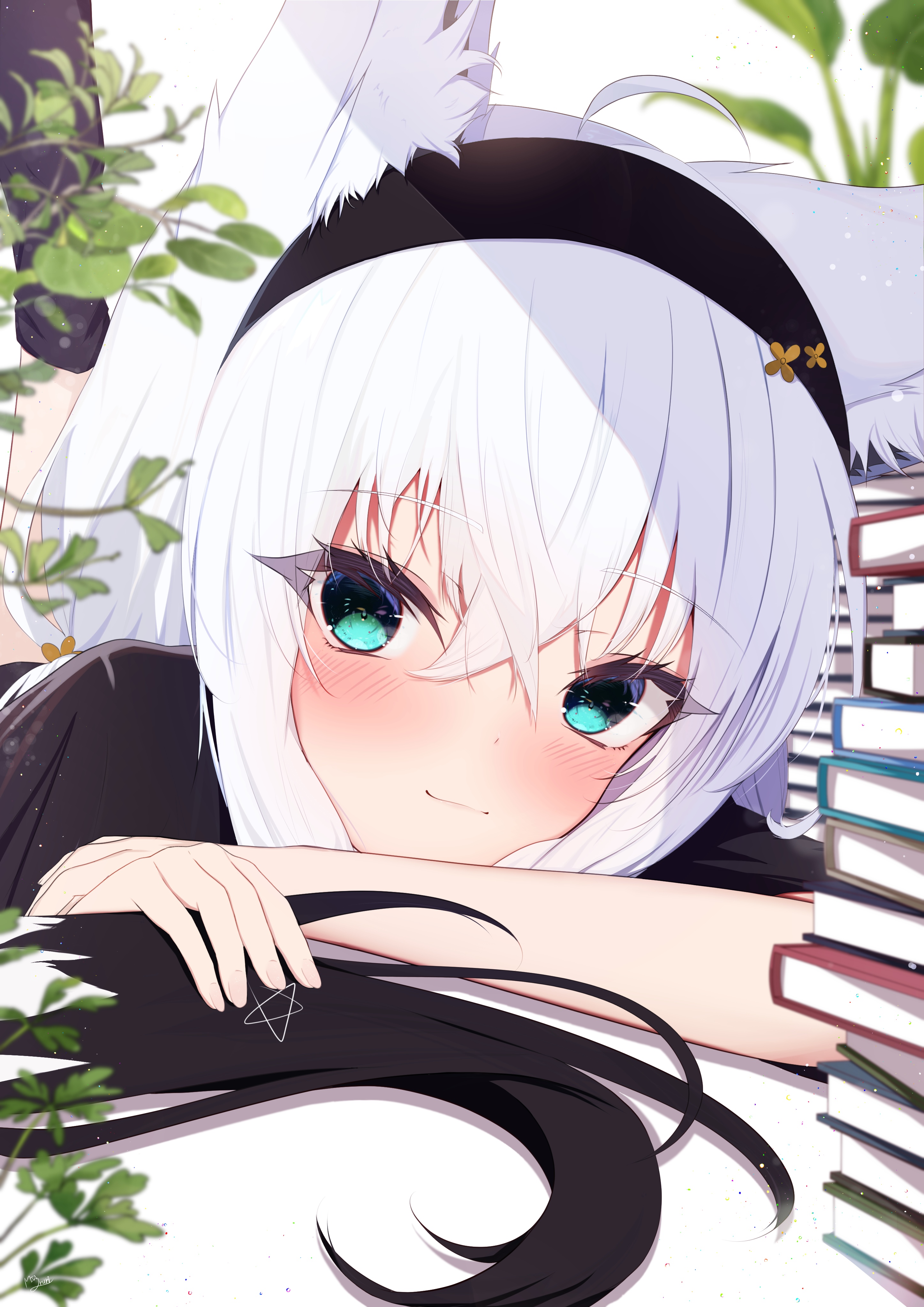 Safebooru - 1girl absurdres ahoge animal ear fluff animal ears black hairband black shirt blurry ...