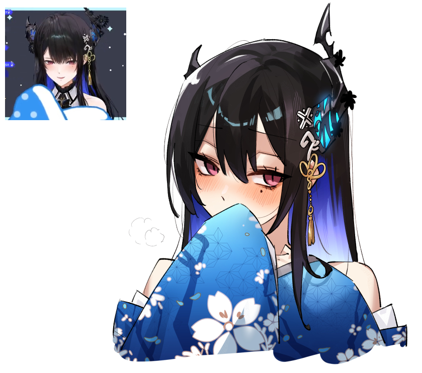 Safebooru - 1girl adarin asymmetrical horns black hair blue hair blue kimono blush floral print ...