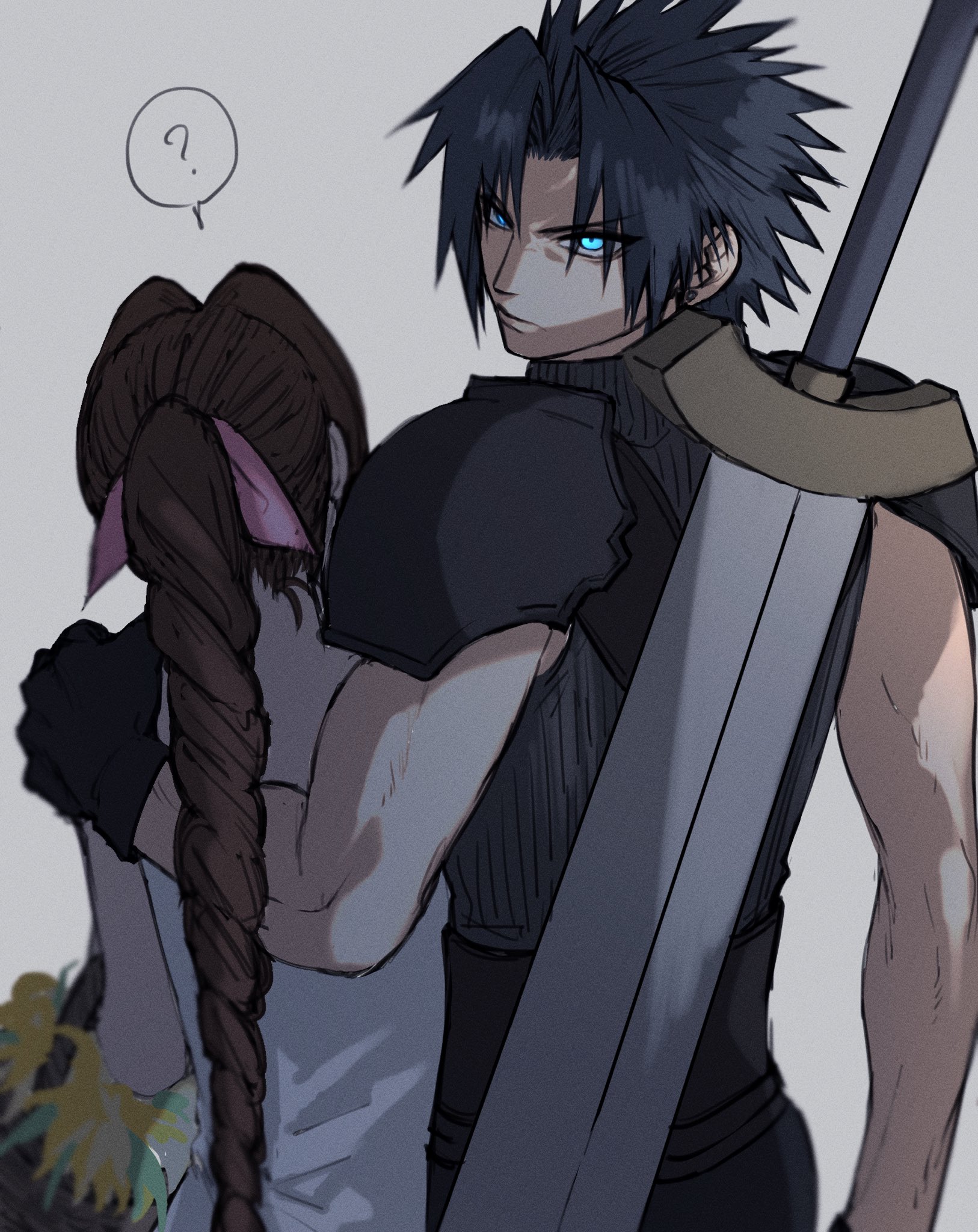 Safebooru - 1boy 1girl ? aerith gainsborough ah yoshimizu armor basket belt black belt black ...