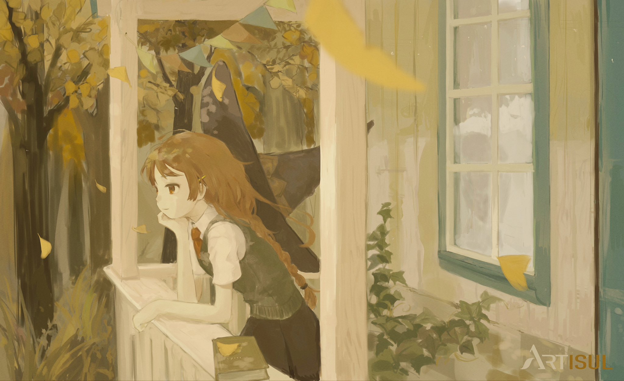 Safebooru - 1girl against railing artisul autumn leaves black skirt book braid braided ponytail ...