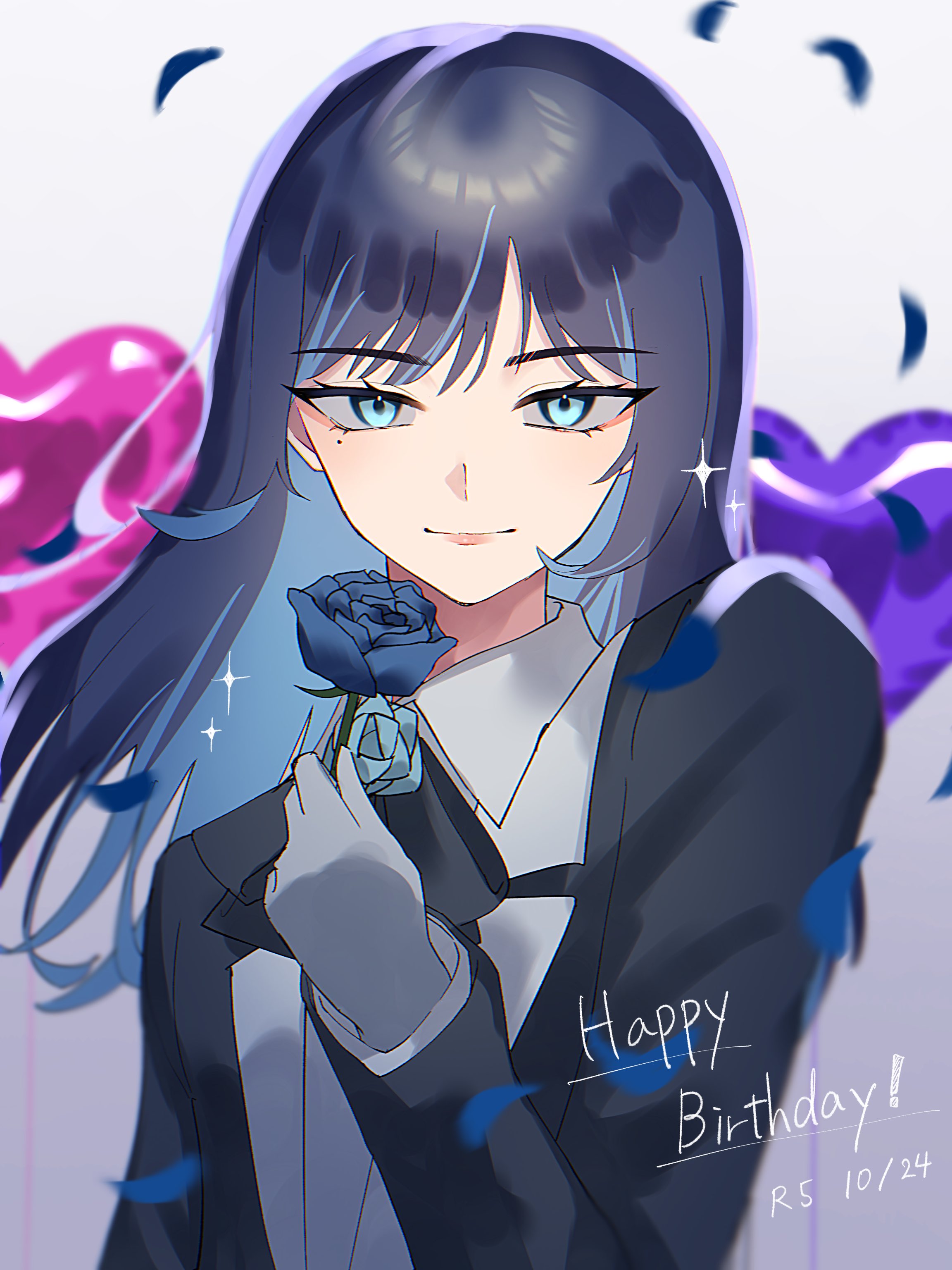 Safebooru - 1girl absurdres ado (utaite) black bow black bowtie black jacket blue eyes blue ...