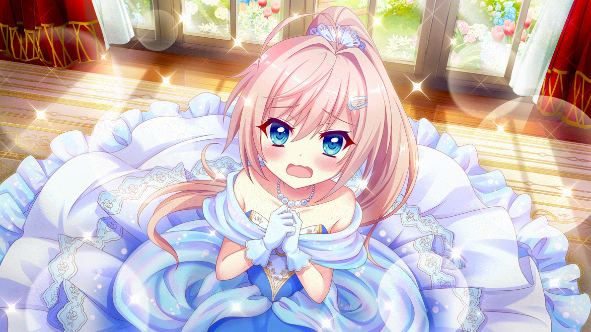 Safebooru - 1girl ahoge bare shoulders blue dress blue eyes blue flower blush curtains daisy dot ...