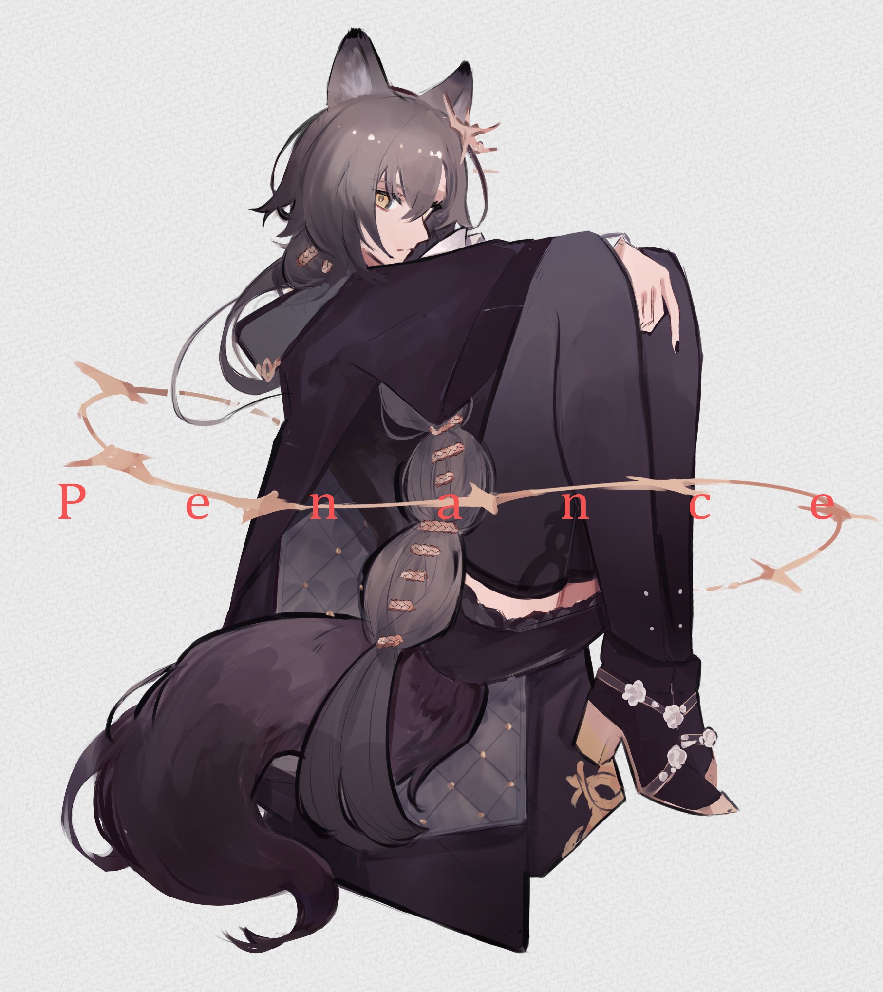 Safebooru - 1girl animal ear fluff animal ears arknights ascot between legs black coat black ...