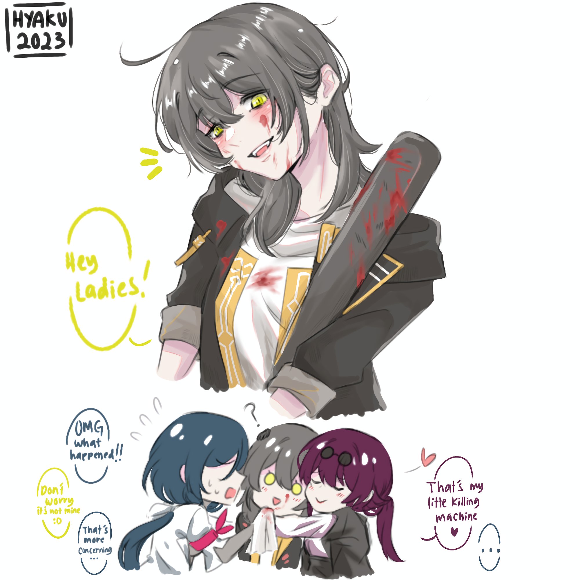 Safebooru - 3girls ? armband artist name baseball bat black jacket blood blood on clothes blood ...