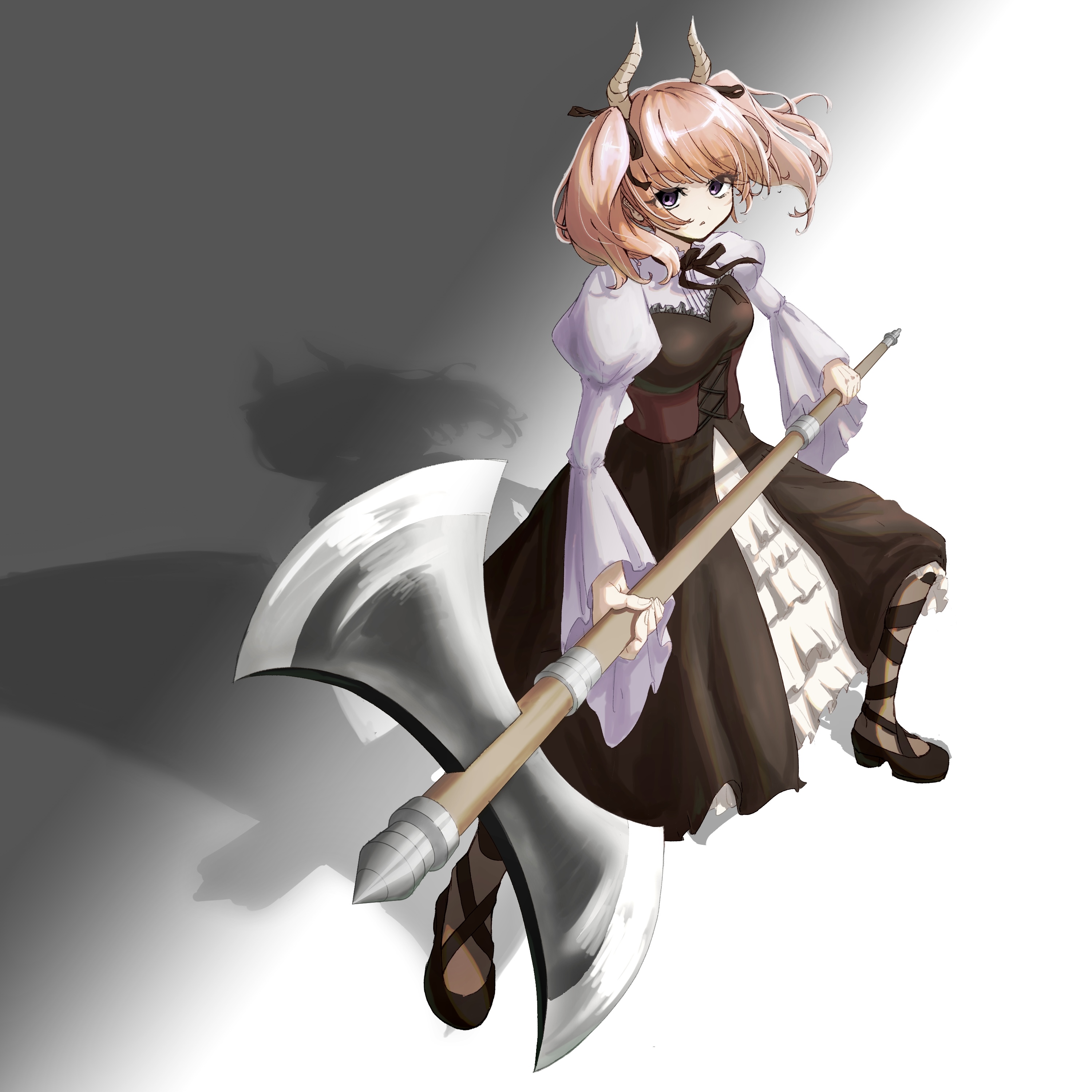 Safebooru - absurdres axe battle axe black ribbon blouse brown dress brown ribbon collared shirt ...