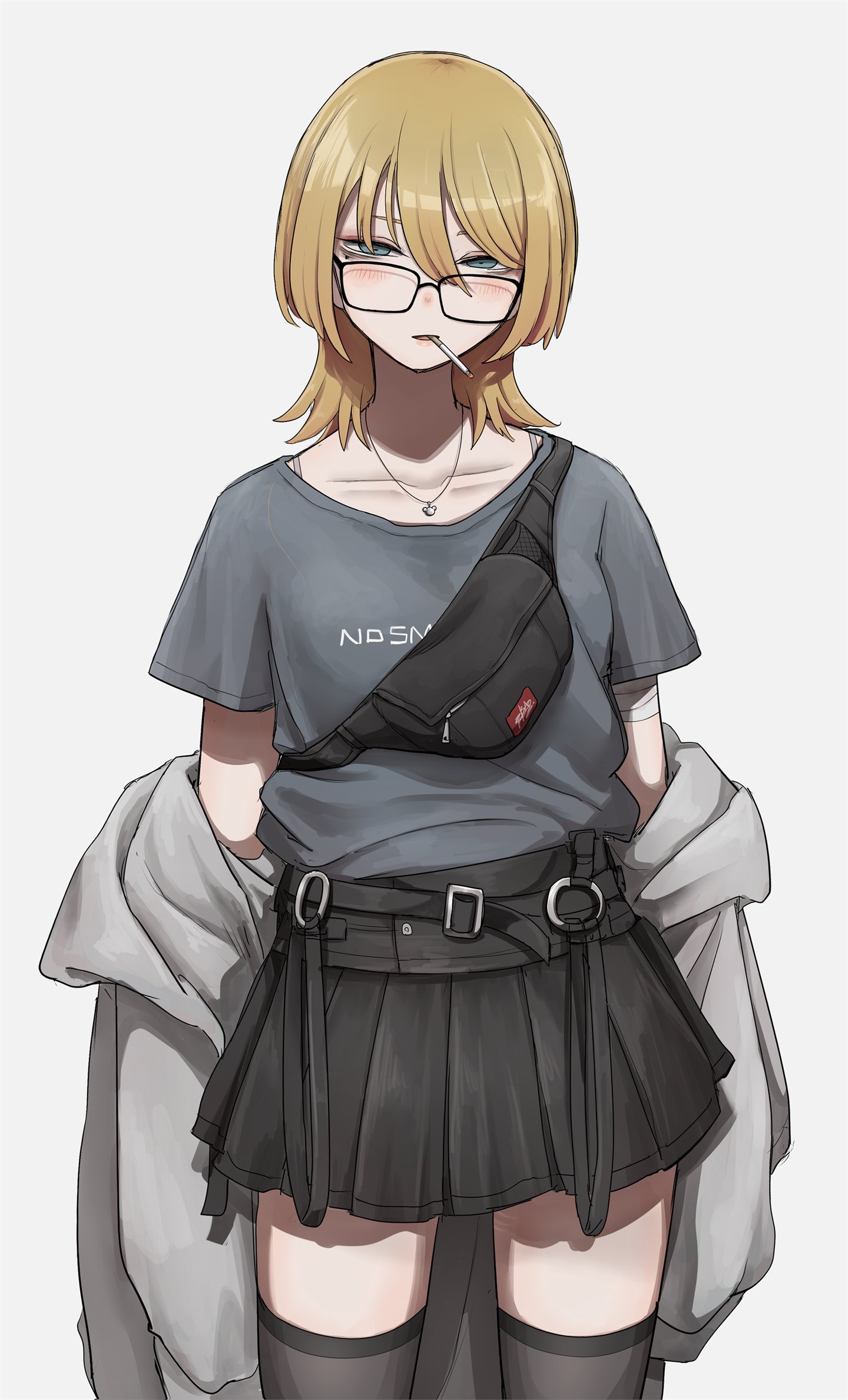 Safebooru - 1girl black-framed eyewear black skirt black thighhighs blonde hair blue eyes coat ...
