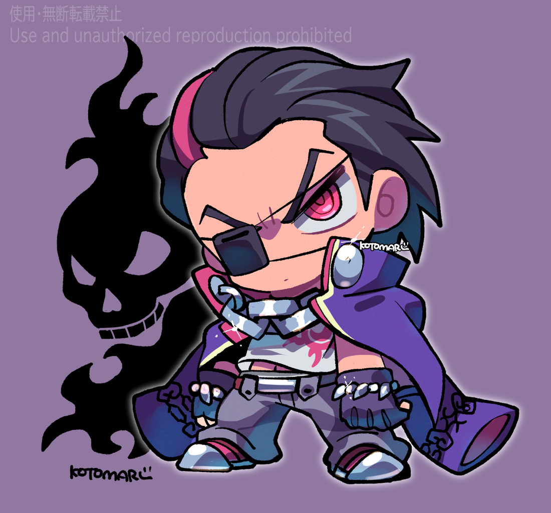 Safebooru - 1boy arms at sides black hair chain chibi chinese text closed mouth coat eyepatch ...