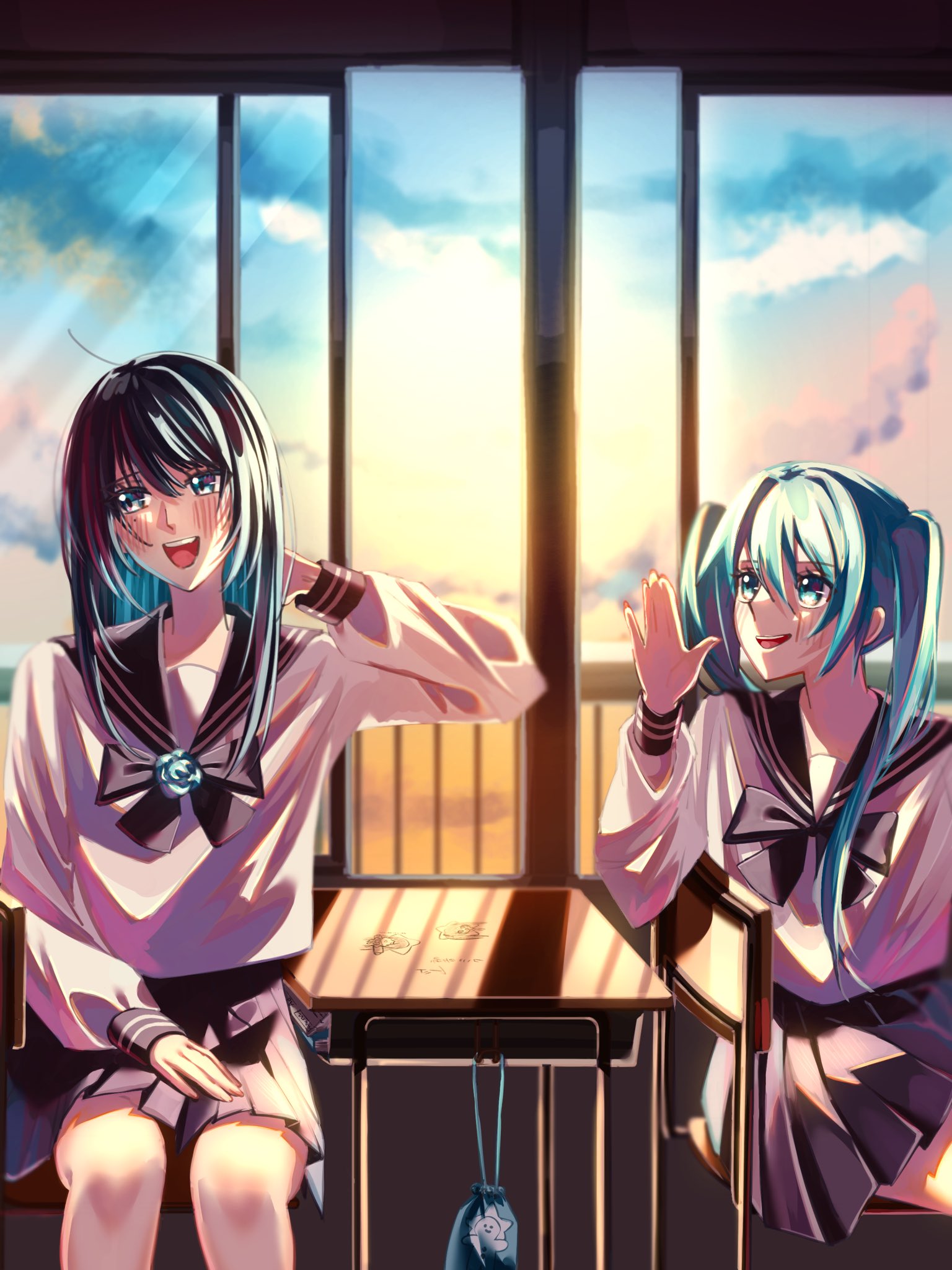 Safebooru - 2girls ado (utaite) ahoge aqua eyes aqua hair arm behind head black bow black bowtie ...