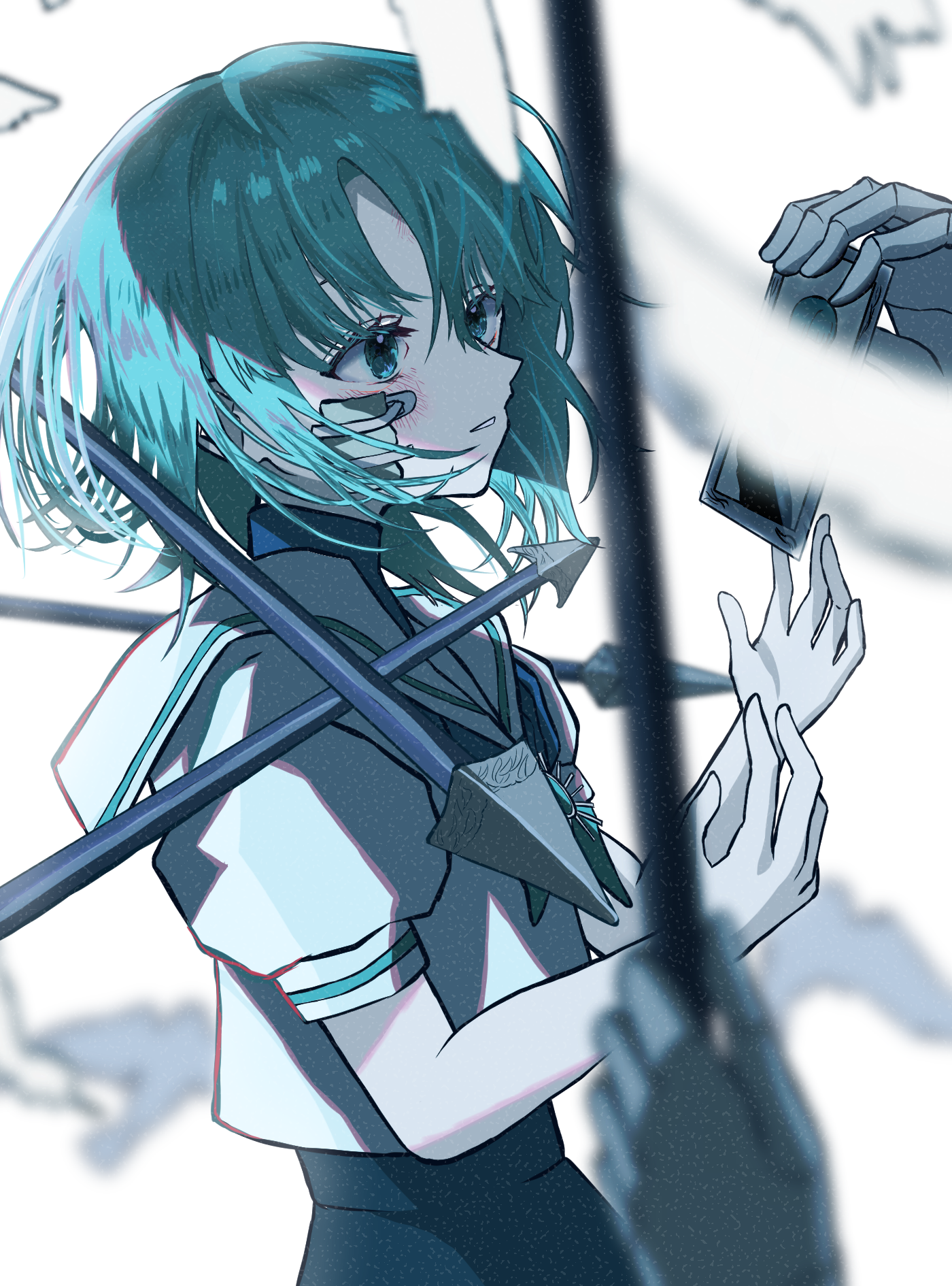 Safebooru - 1girl 1other ado (utaite) akuru-chan arrow (projectile) bandaid bandaid on face blue ...