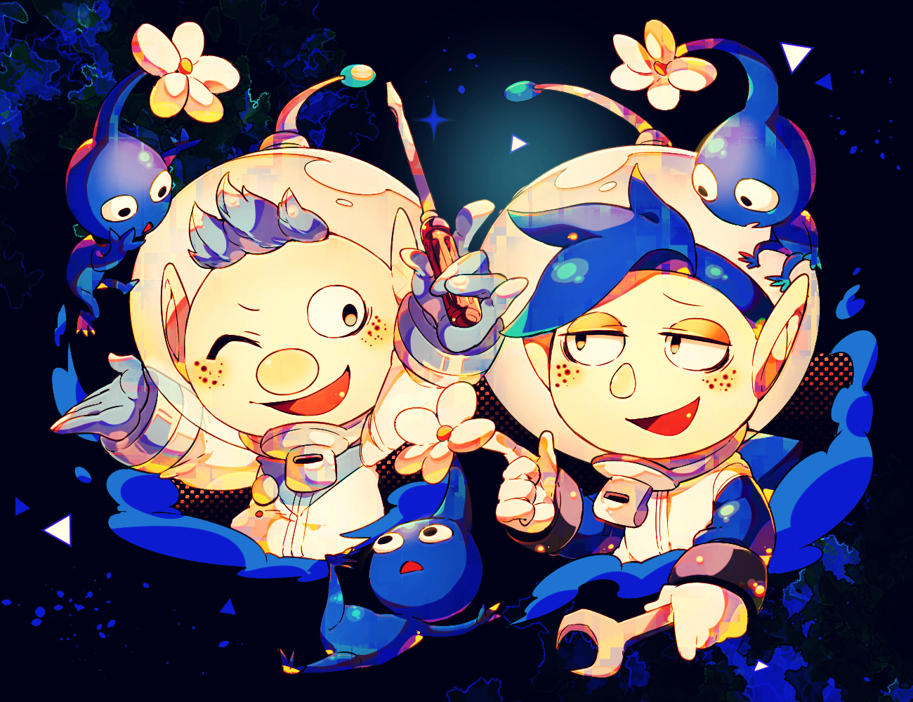Safebooru - 2boys alph (pikmin) arms up asymmetrical hair backpack bag ...