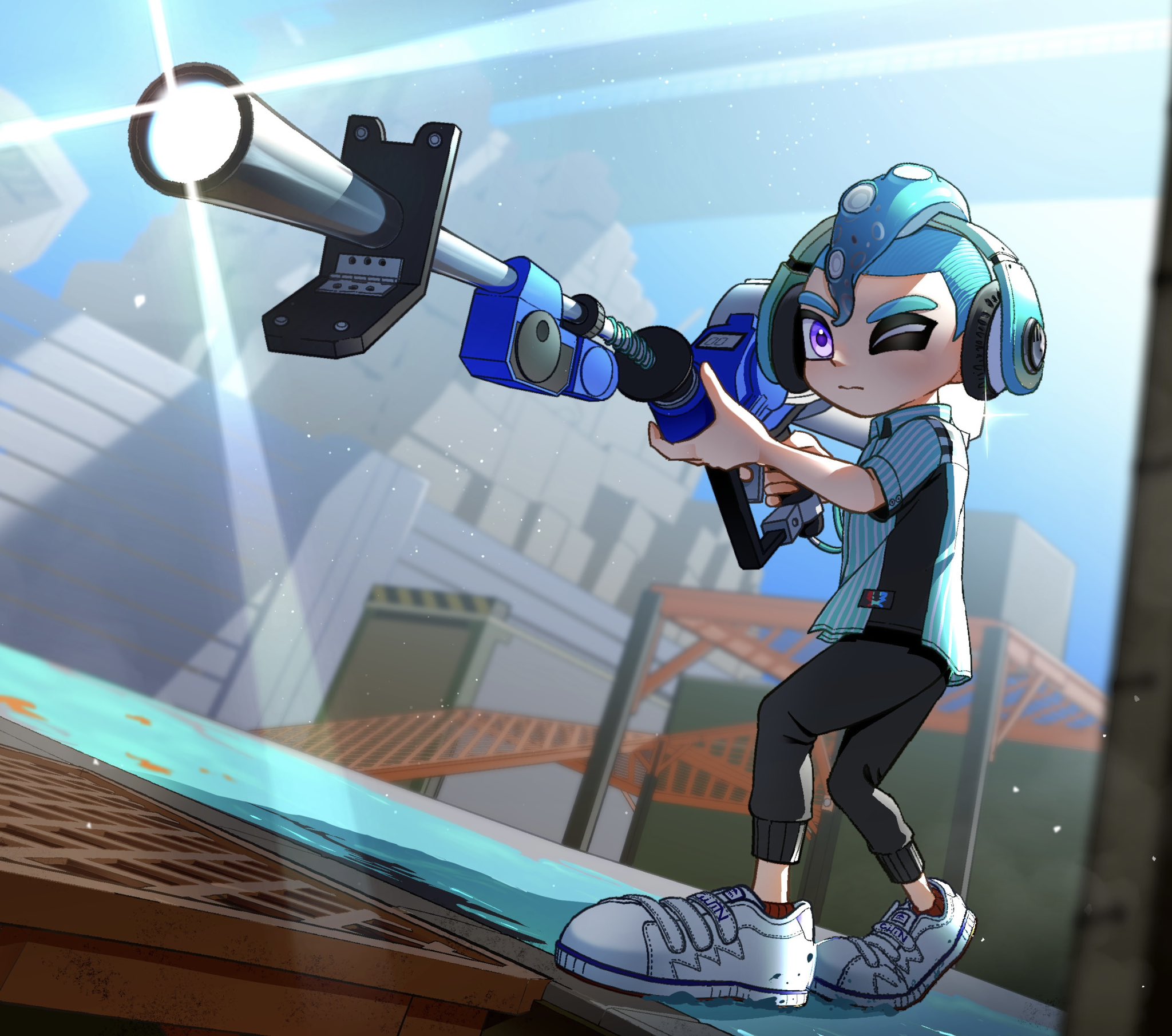 Safebooru - 1boy black leggings blue hair closed mouth commentary ...