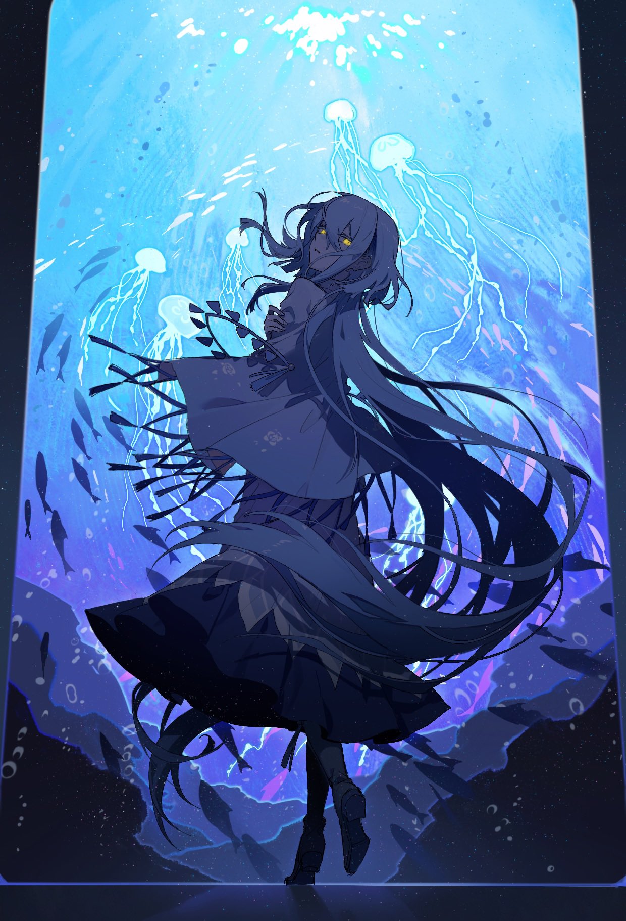 Safebooru - 1girl absurdly long hair air bubble blue dress blue footwear blue hair blue theme ...