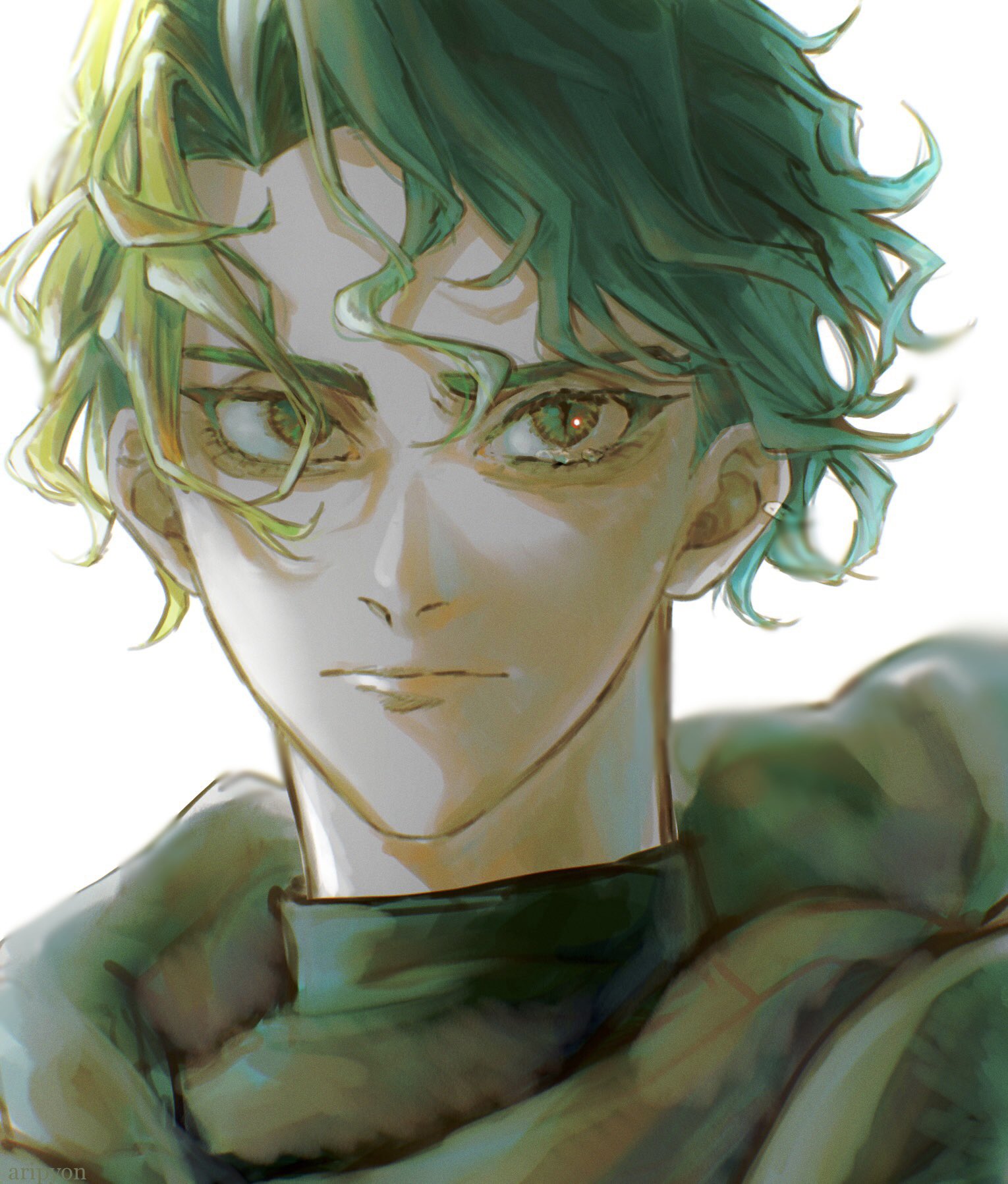 Safebooru - 1boy :| aripyon black shirt cape closed mouth curly hair expressionless green cape ...